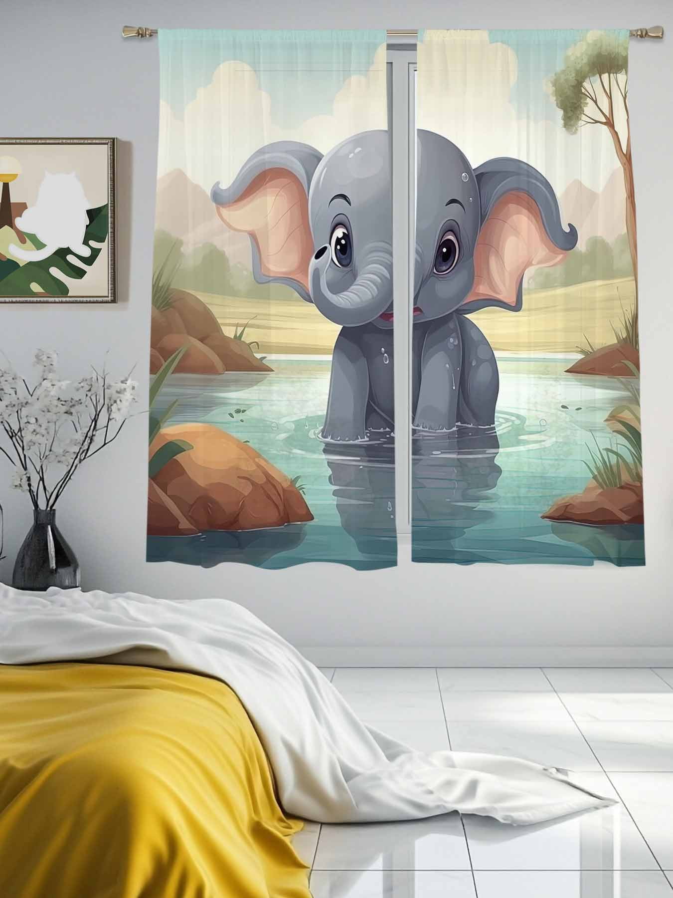 Elephant Pool Water Sheer Curtains 63 inches Long 2 Panels Set Trees ...