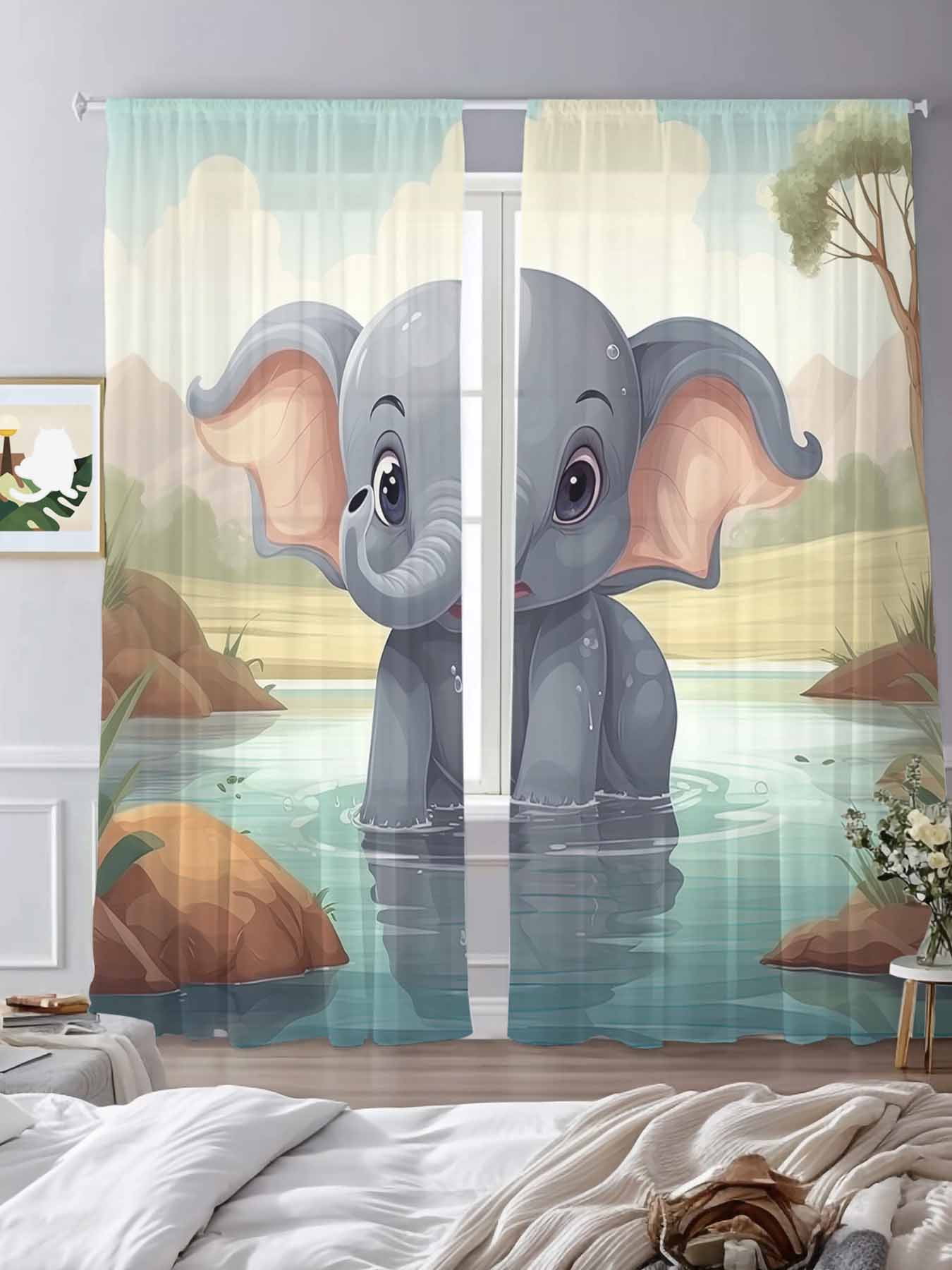Elephant Pool Water Sheer Curtains 96 inches Long 2 Panels Set Trees ...