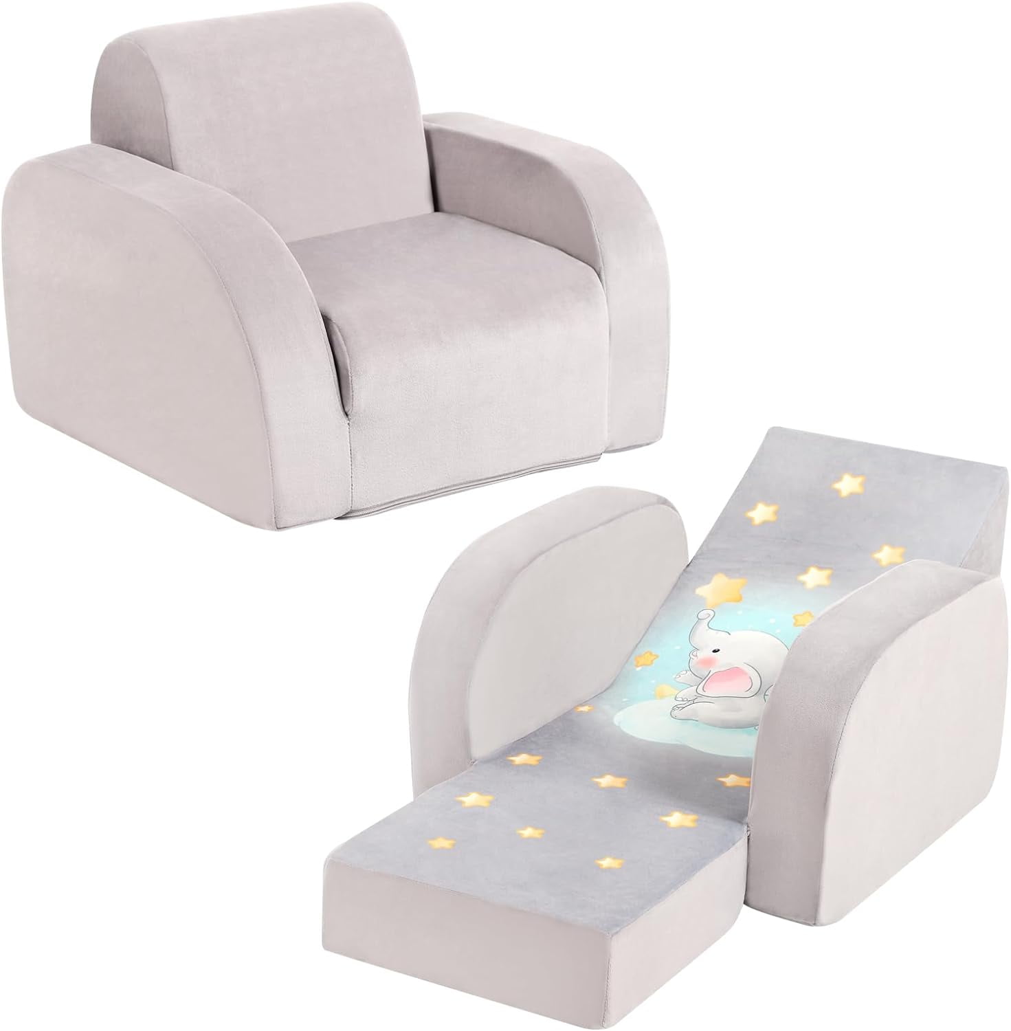 Elephant Printed Kids Sofa, 3-in-1 Convertible Flip Open Toddler Couch ...