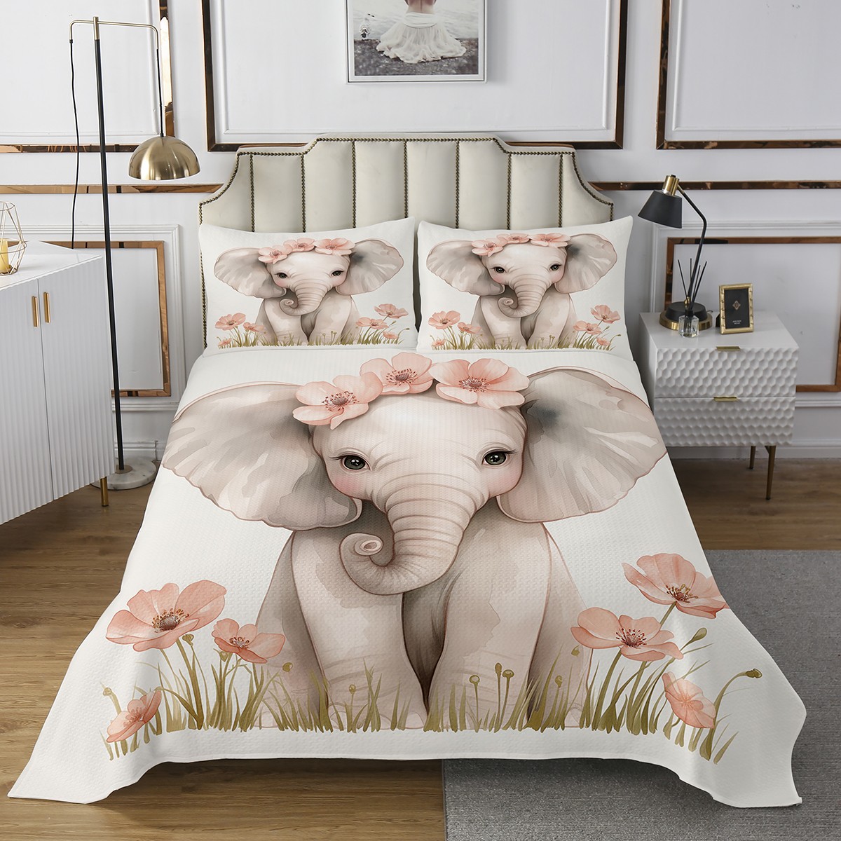 Elephant Quilt Set Cute Pink Poppy Coverlet Set,Kawaii Elephant ...