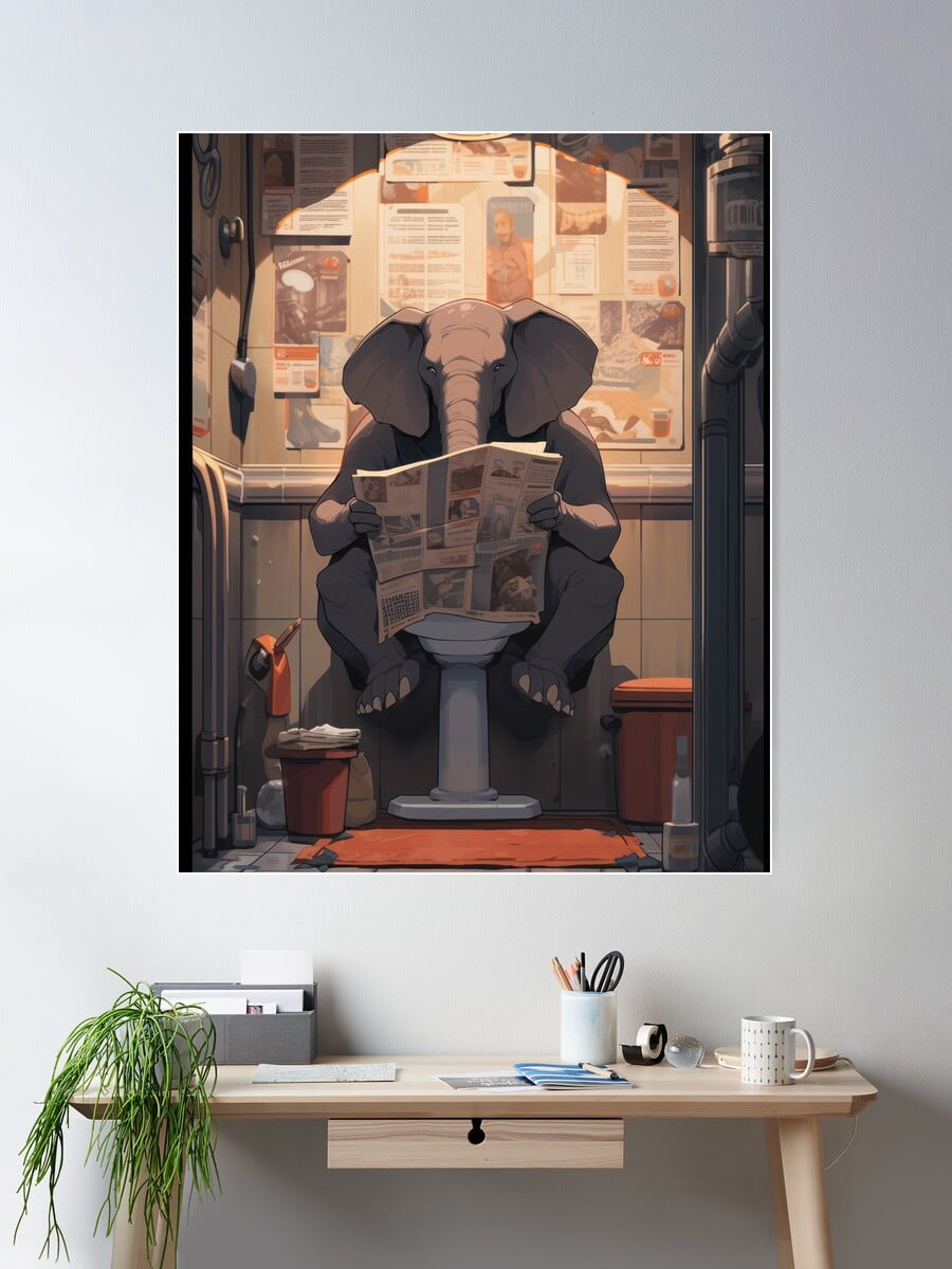 Elephant Reading Newspaper In The Toilet Poster Wall Art, Modern Wall ...