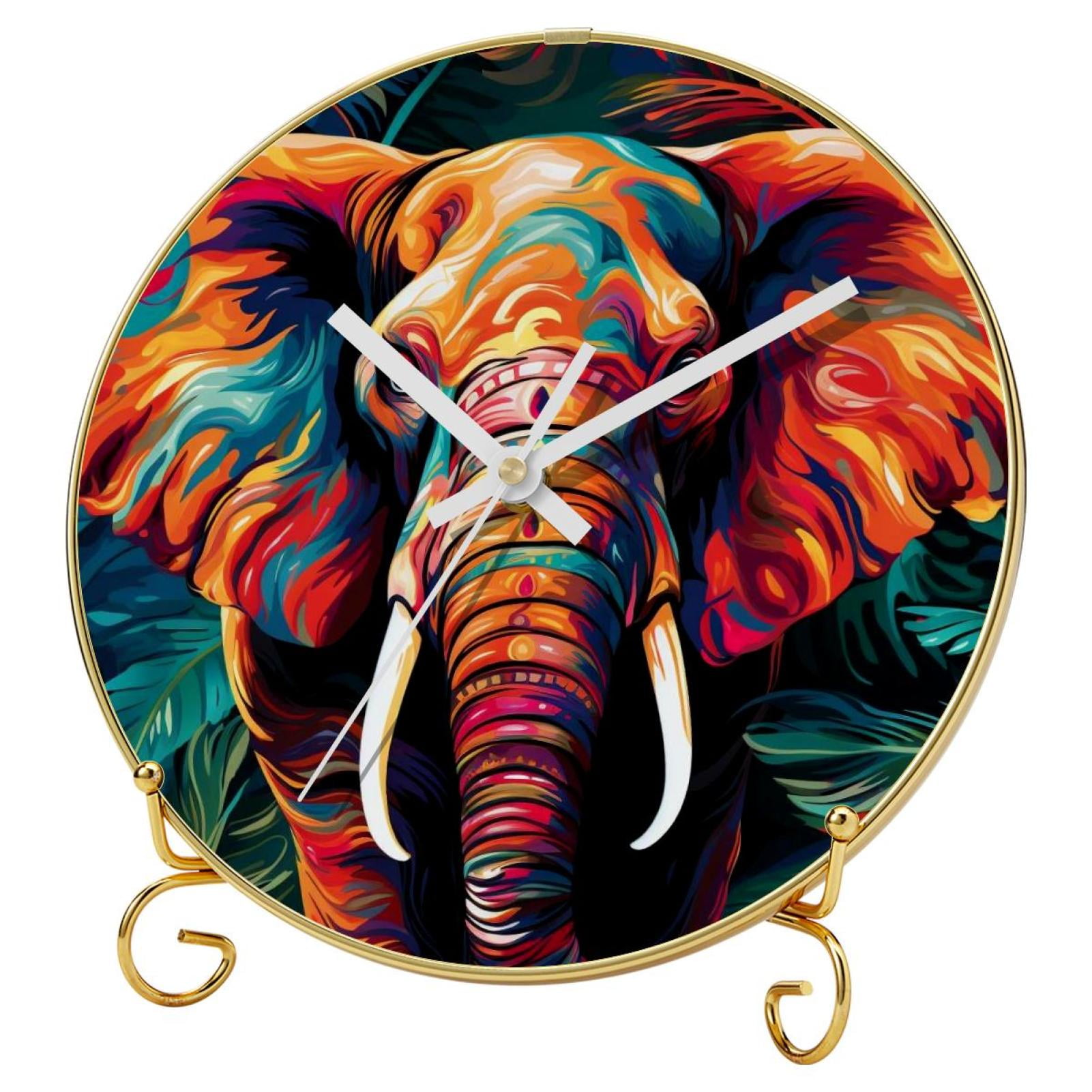 Elephant Round Printed Wall Clock with Hooks and Gold Stand - Silent Non Ticking Clocks for Home ...