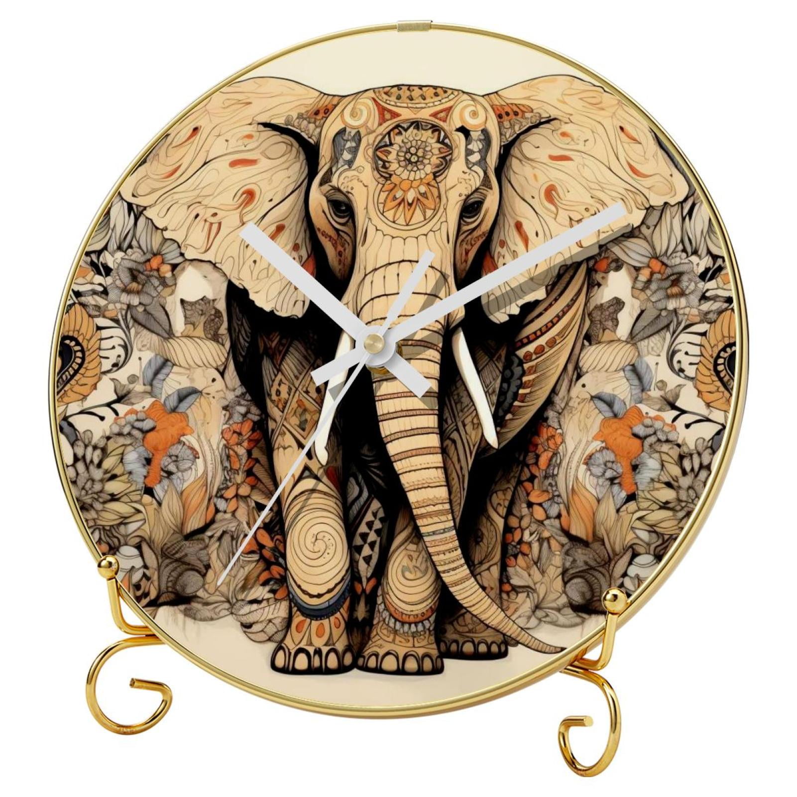 Elephant Round Printed Wall Clock with Hooks and Gold Stand, Silent Non ...