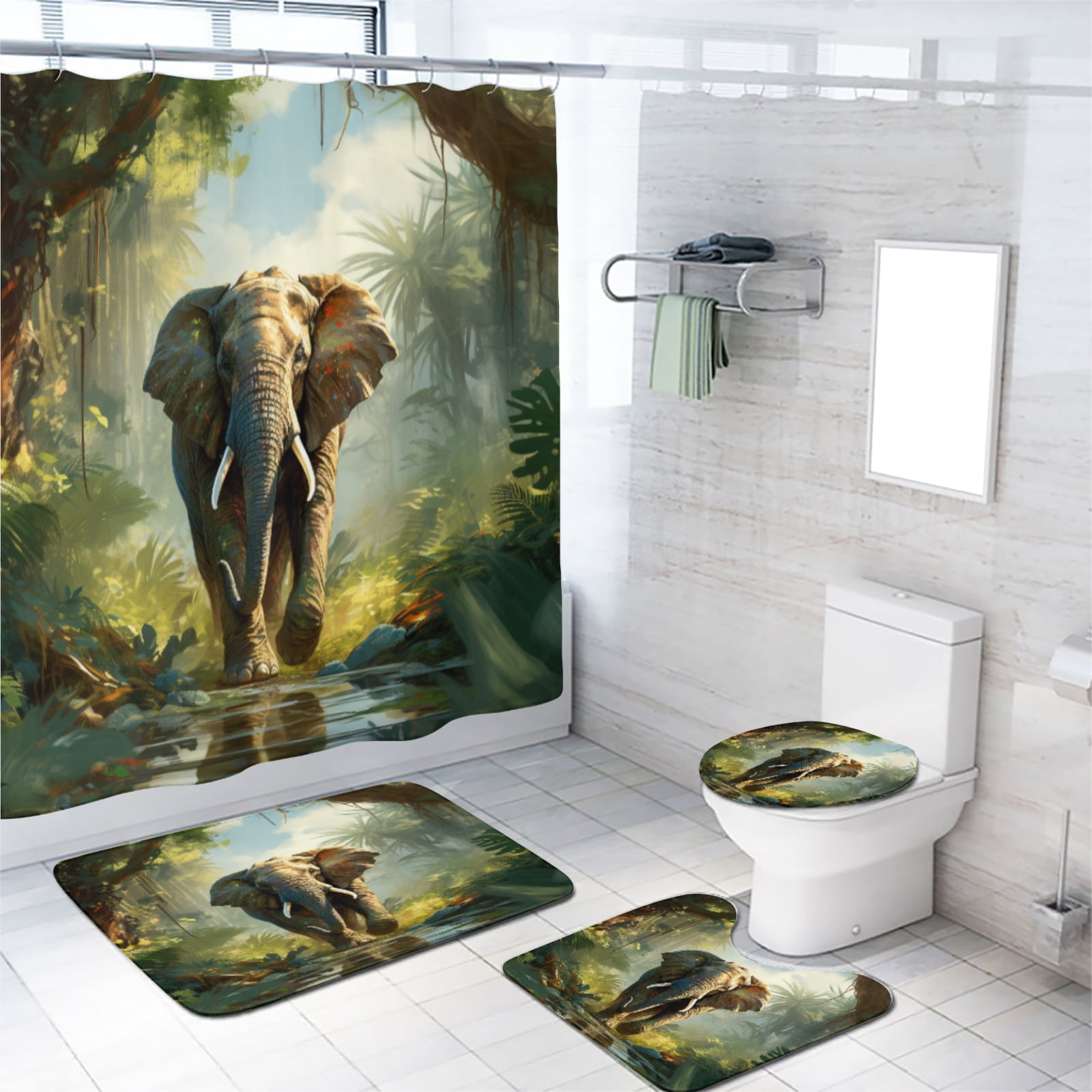 Elephant Shower Curtain Set with Rugs for Bathroom Decor Tropical ...