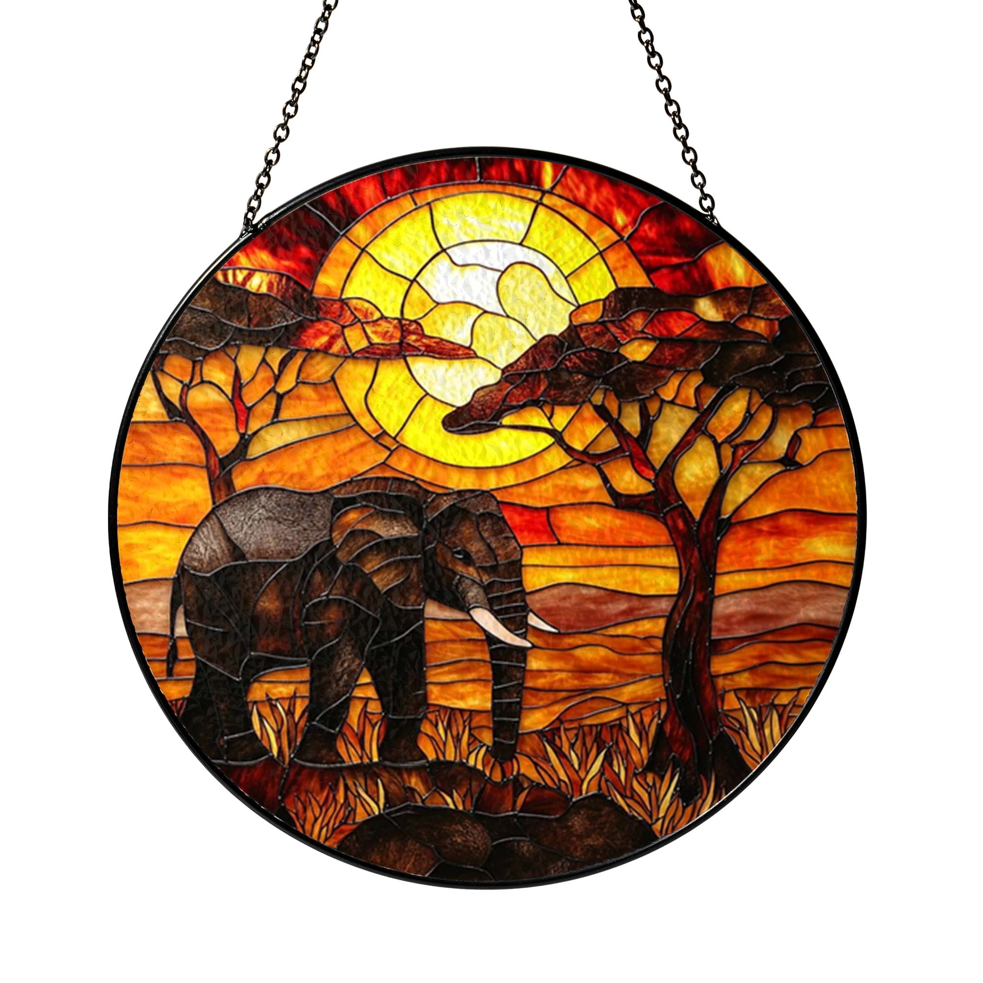 Elephant Silhouette Sunset Window Hanging – Stained Glass Style Decor ...