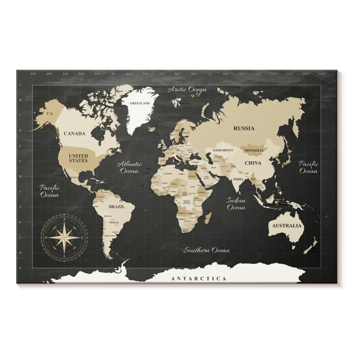 Elephant Stock Dark Grid World Map Wall Art - Horizontal Canvas Wall ...