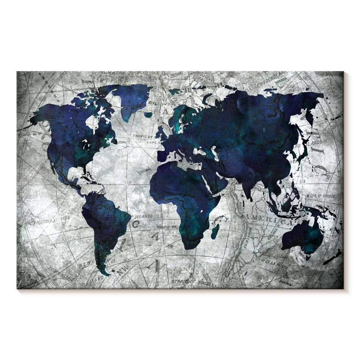 Elephant Stock Deep Blue World Map Wall Art - Horizontal Canvas Wall ...