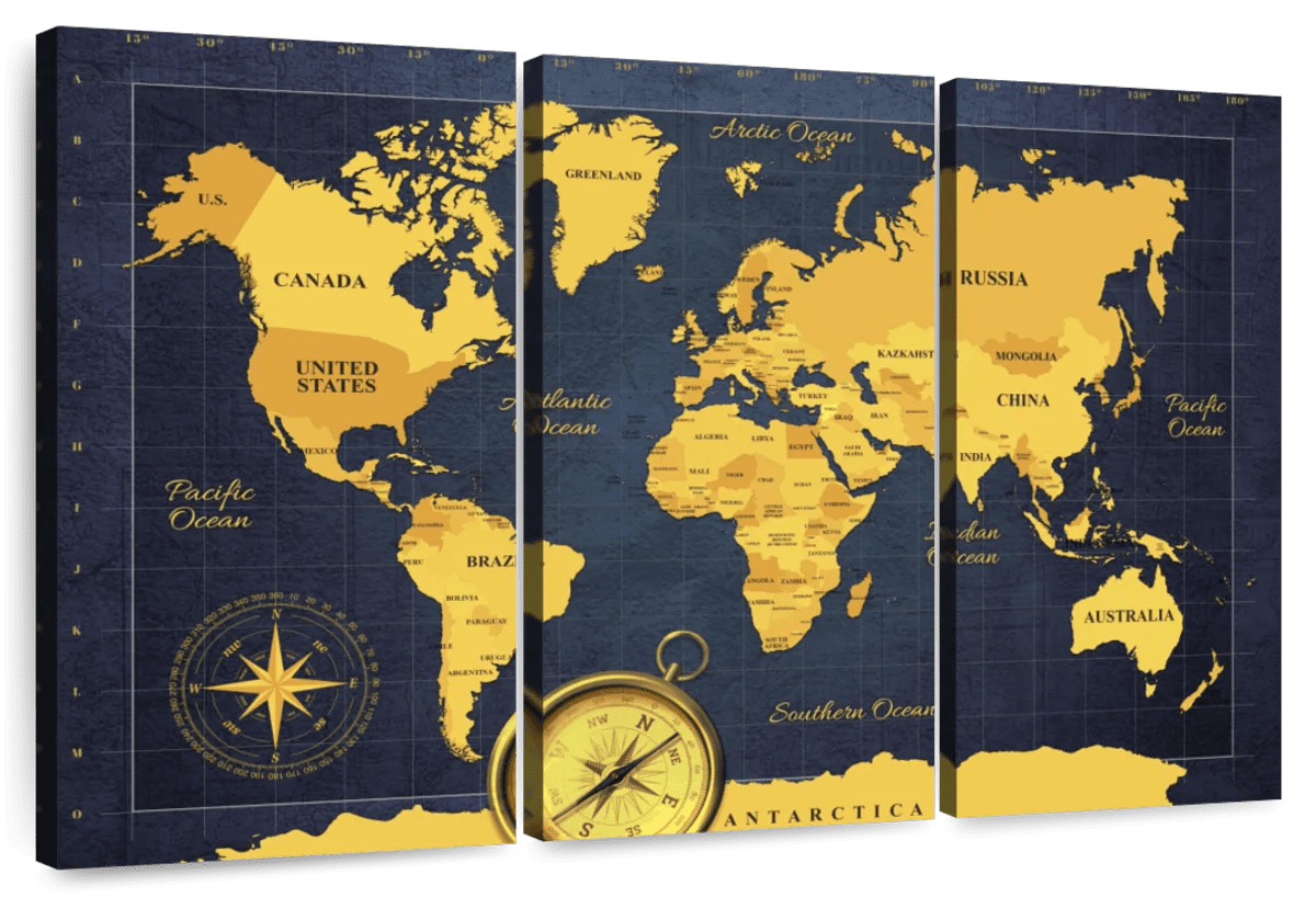 Elephant Stock Gold Compass World Map Wall Art - Horizontal Multi Panel ...