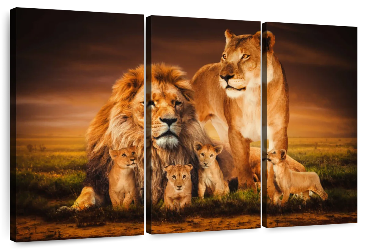 Elephant Stock Lion Family Wall Art - Horizontal Multi Panel Canvas ...