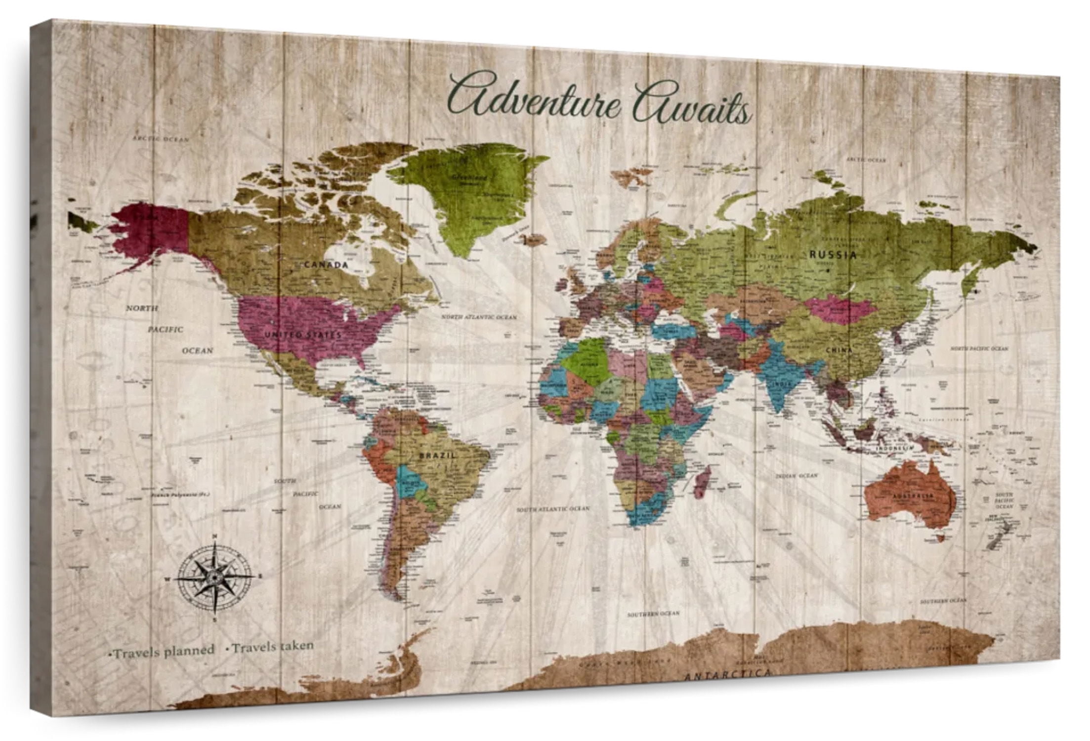 Elephant Stock My World Travel Map Push Pin V Wall Art - Map Canvas ...