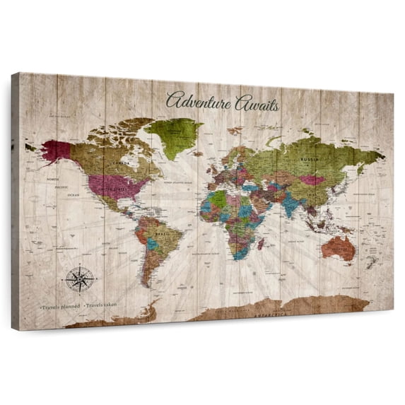 Elephant Stock My World Travel Map Push Pin V Wall Art - Map Canvas ...