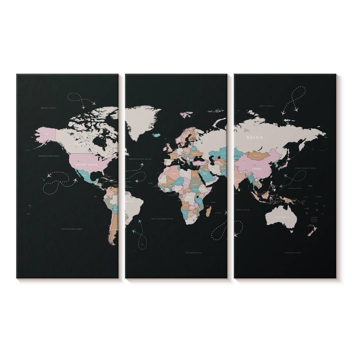 Elephant Stock Pastel On Black World Map Wall Art - Horizontal Multi ...