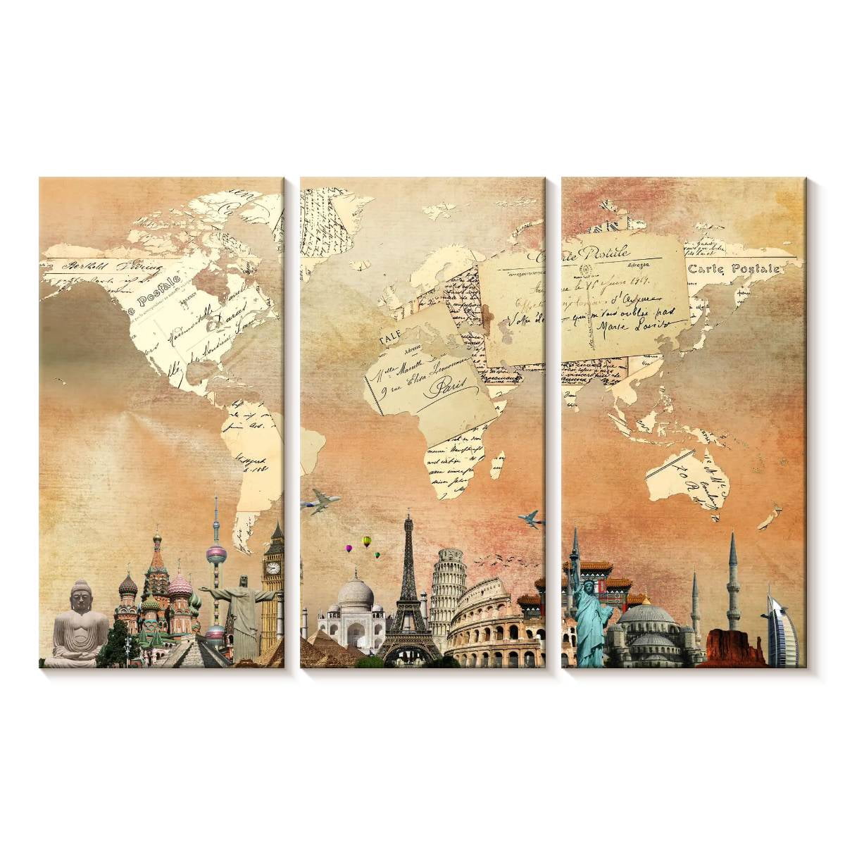 Elephant Stock Postcard World Map Wall Art - Horizontal Multi Panel ...