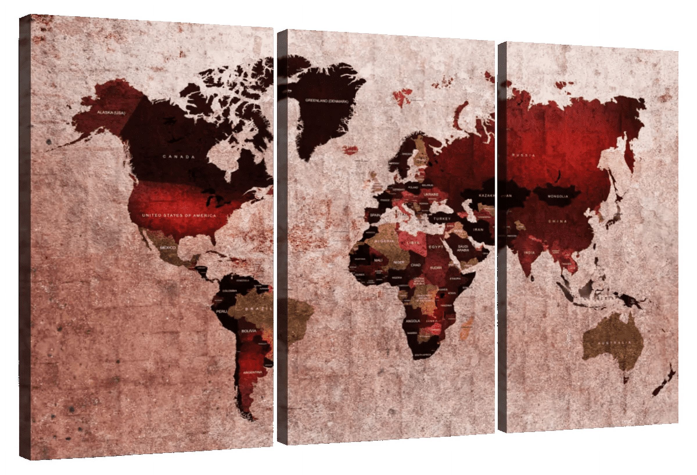 Elephant Stock Ruby World Map Wall Art - Horizontal Multi Panel Canvas ...