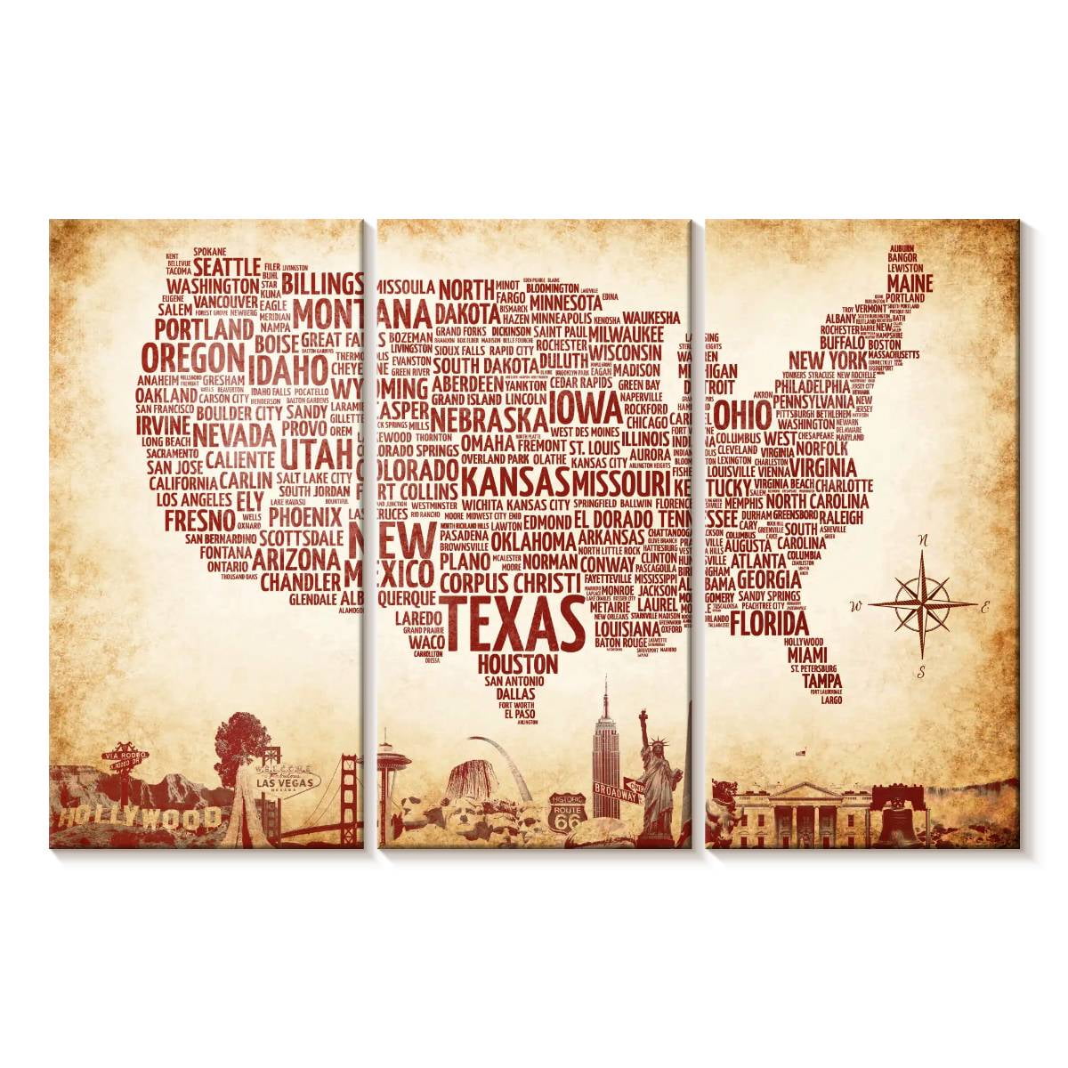 Elephant Stock Rustic Usa Map Wall Art - Horizontal Multi Panel Canvas ...