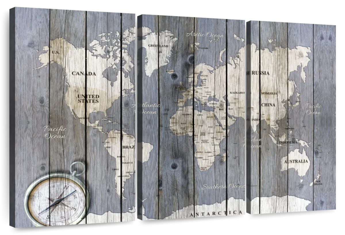 Elephant Stock Rustic Wood Map Wall Art - Horizontal Multi Panel Canvas ...