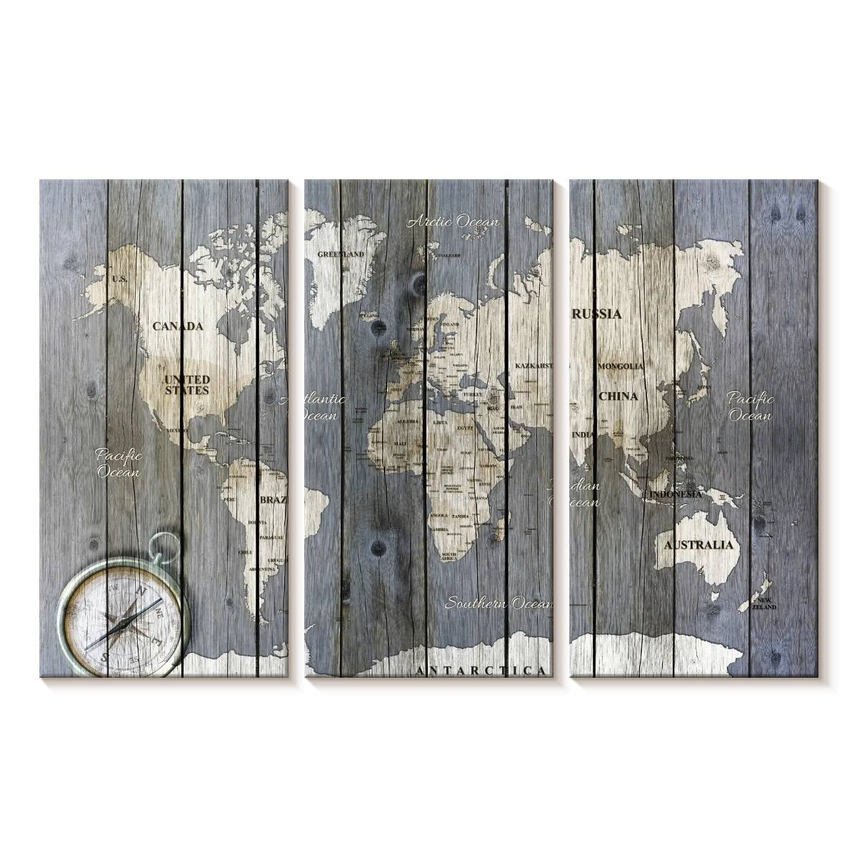 Elephant Stock Rustic Wood Map Wall Art - Horizontal Multi Panel Canvas ...