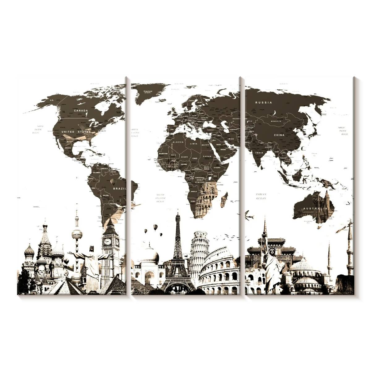 Elephant Stock Slate Gray World Map Wall Art - Horizontal Multi Panel ...