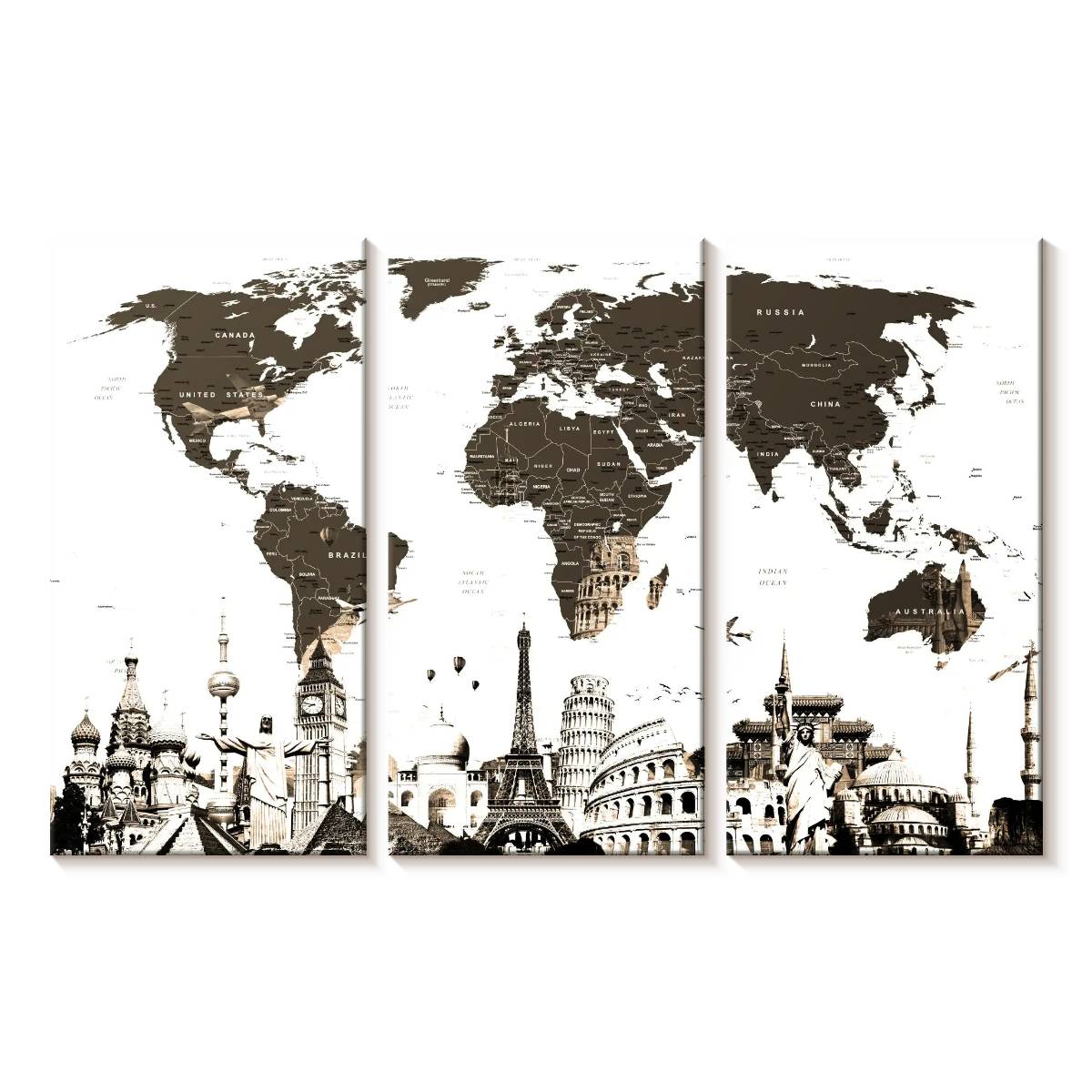 Elephant Stock Slate Gray World Map Wall Art - Horizontal Multi Panel ...