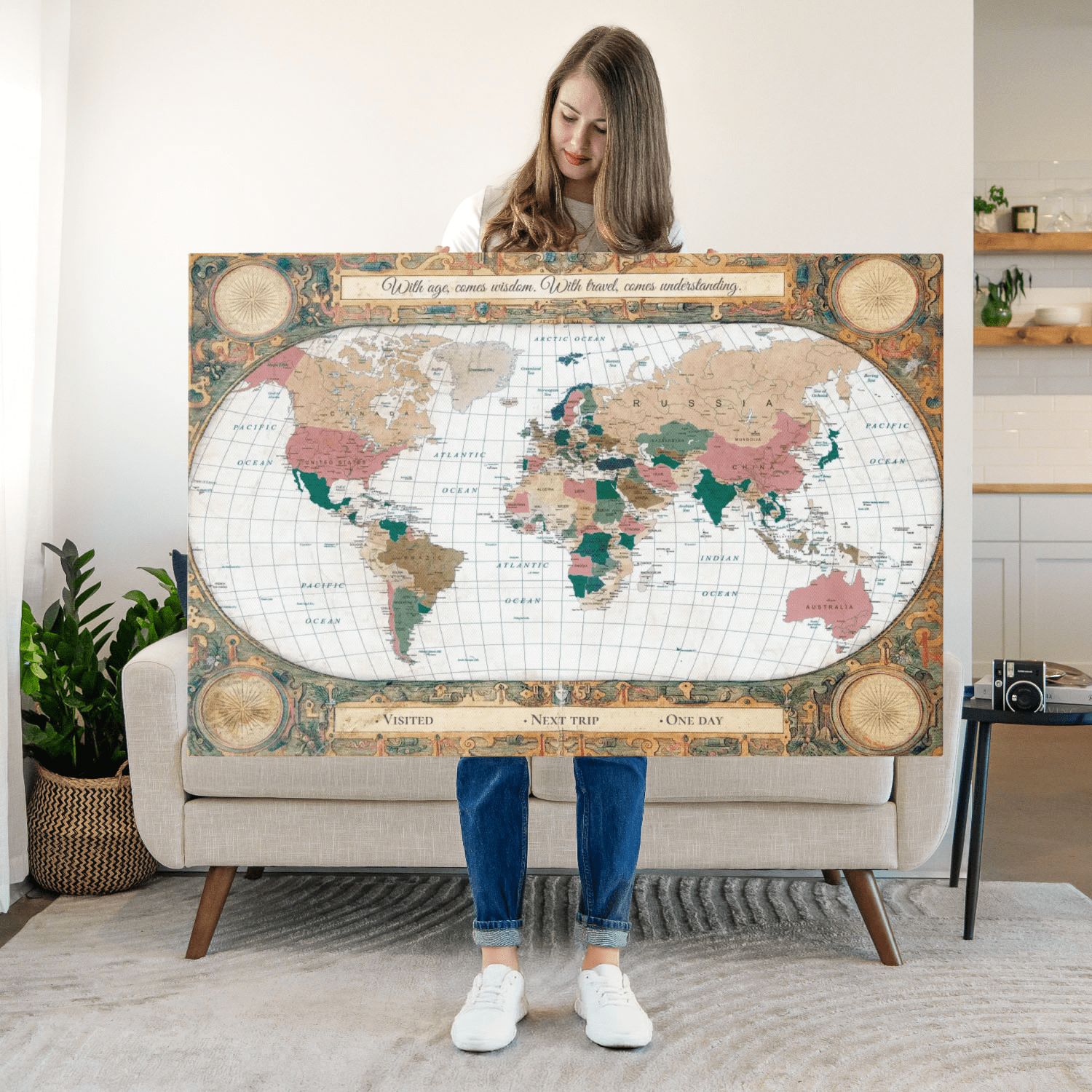 Elephant Stock Travel Wisdom I Push Pin World Map Wall Art - Map Canvas ...