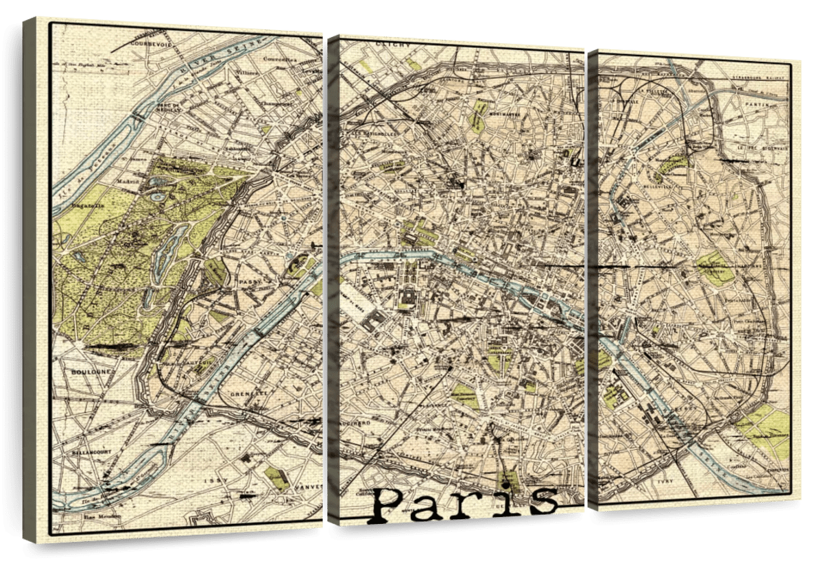 Elephant Stock Vintage Paris City Map Wall Art - Horizontal Multi Panel ...
