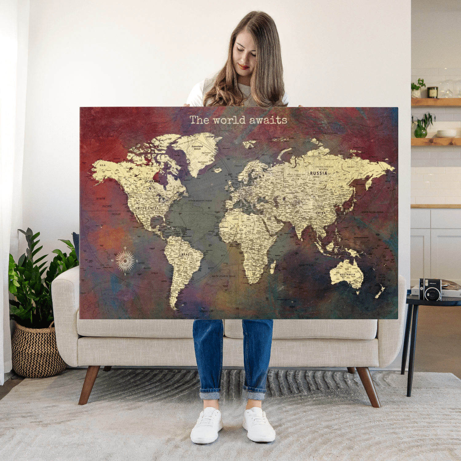 Elephant Stock World Awaits Ii Push Pin World Map Wall Art - Map Canvas ...