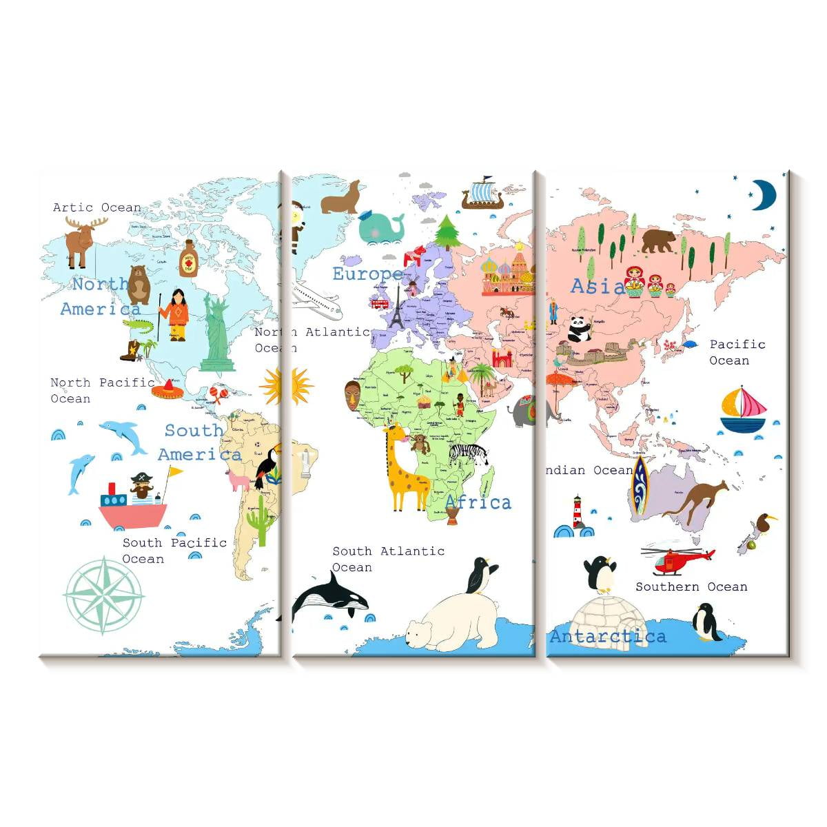 Elephant Stock World Map Continents Wall Art - Horizontal Multi Panel ...