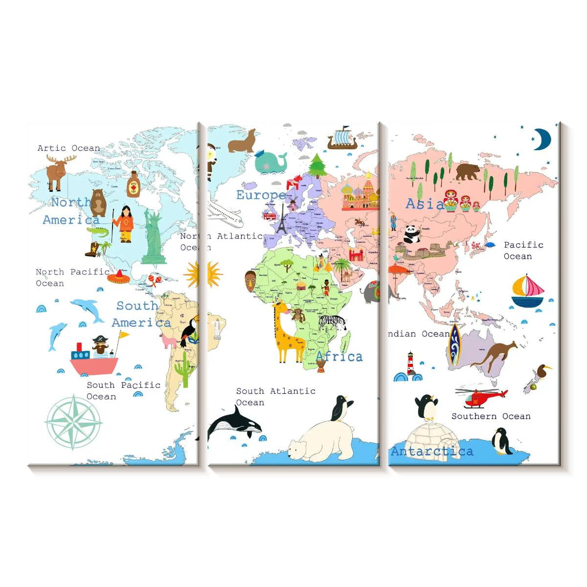 Elephant Stock World Map Continents Wall Art - Horizontal Multi Panel ...