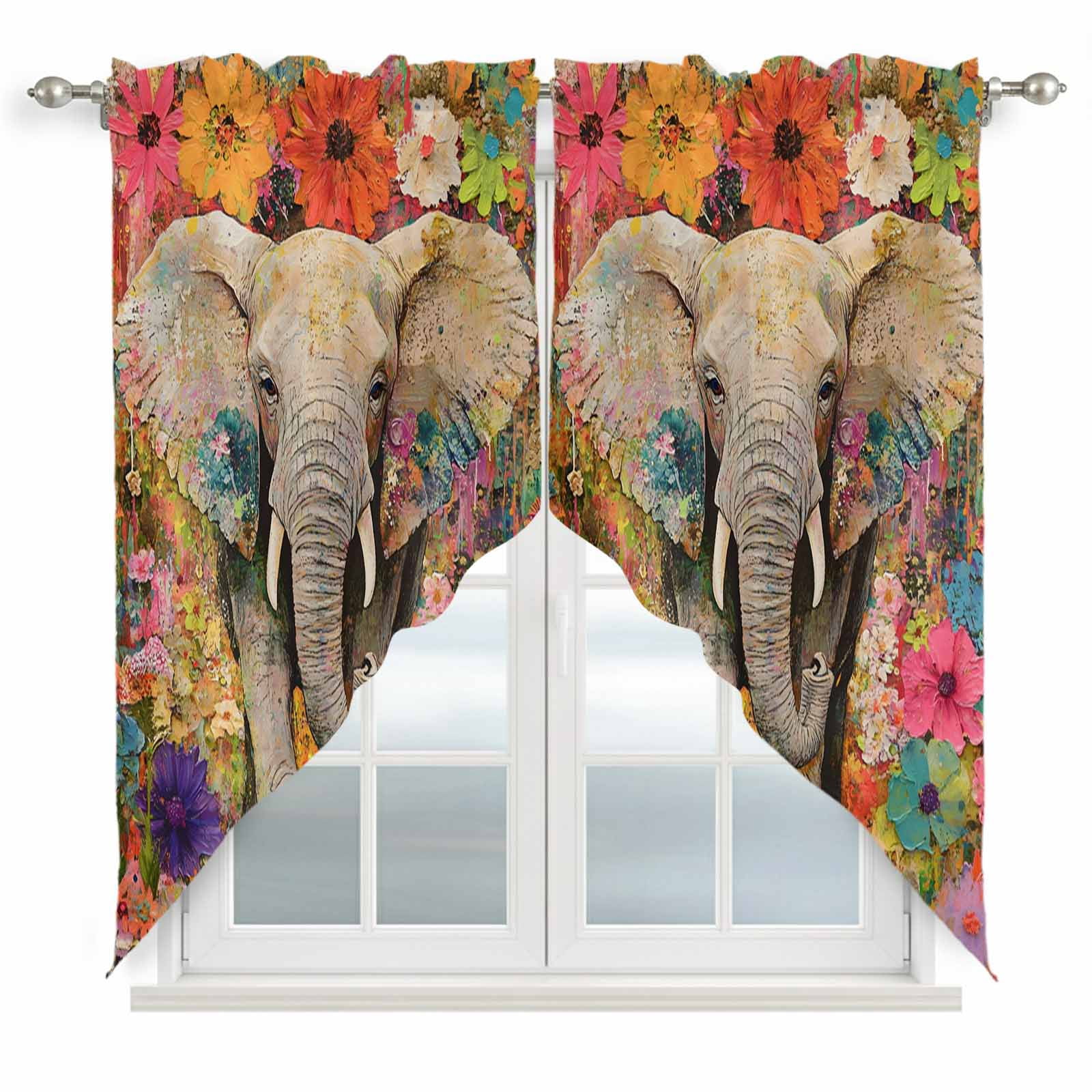 Elephant Swag Curtain Valance for Window 2 Panels Animal Floral Garden ...