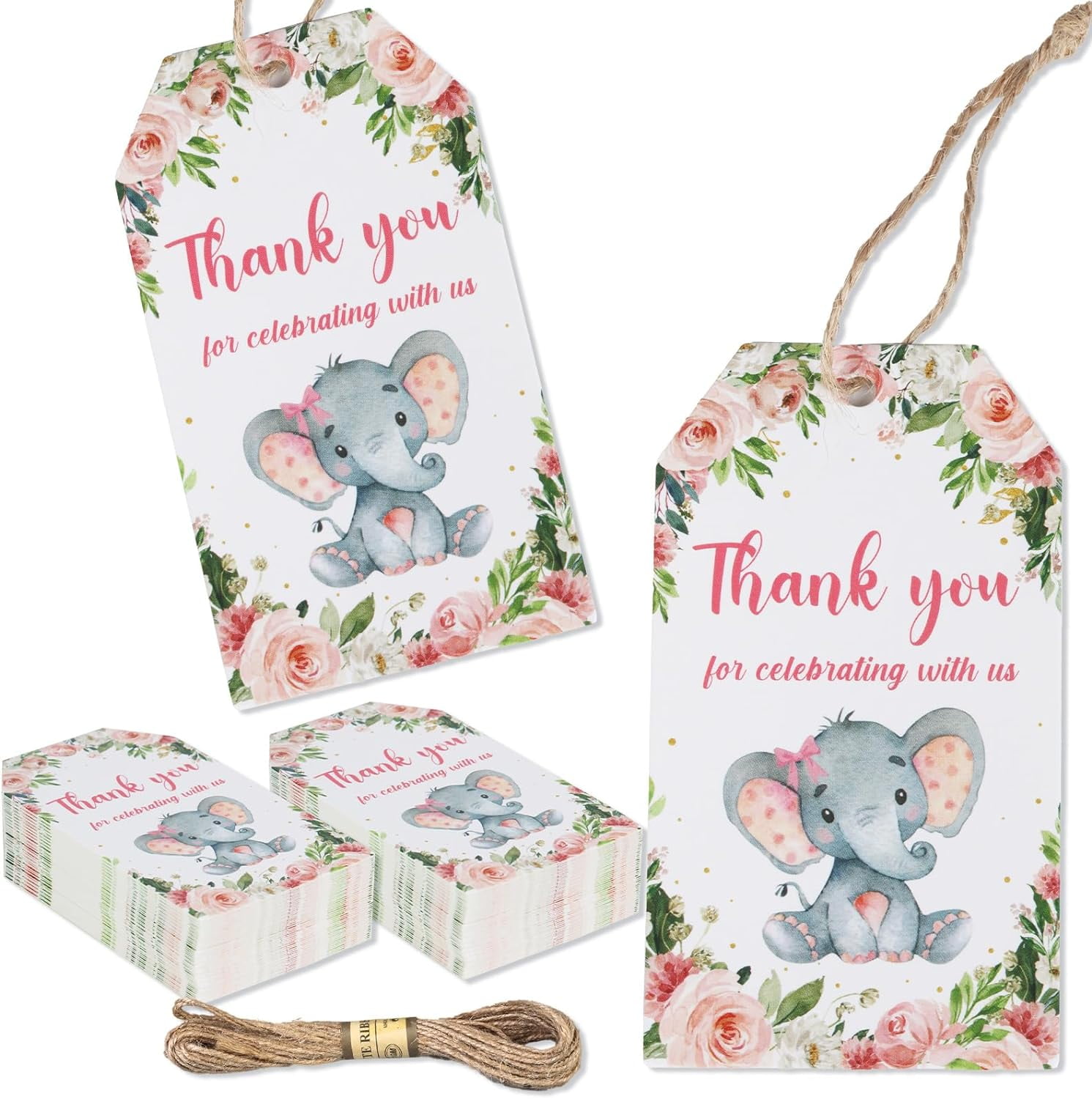 Elephant Thank You Tags for Favors, Pink Floral Thank You Tags, Thank ...