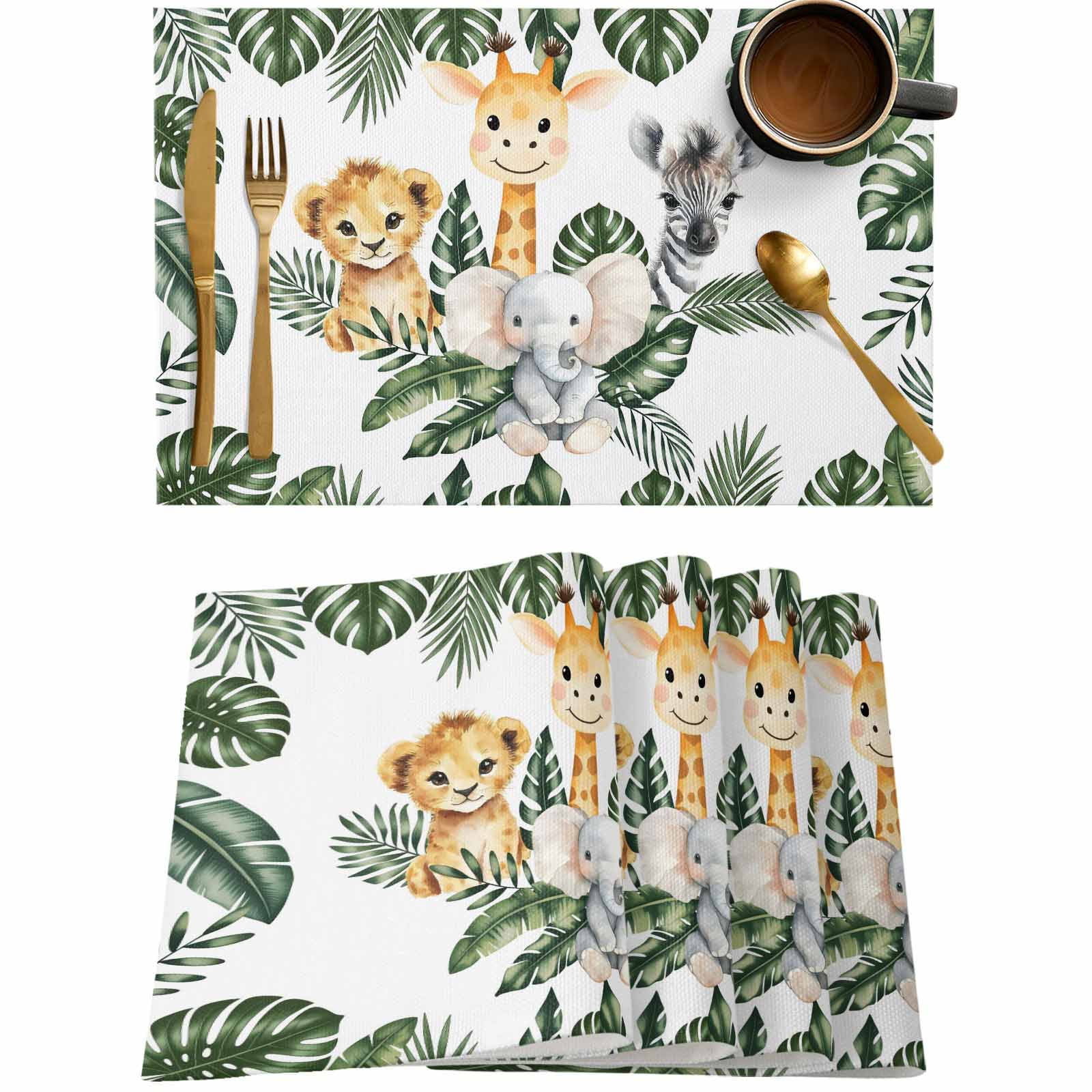Elephant Tiger Giraffe Zebra Cartoon Animal Placemats Set of 4,Wipeable ...