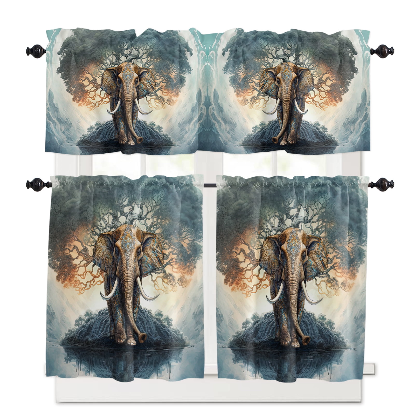 Elephant Tree Water Surface Kitchen Curtains Valances and Tiers Set of ...