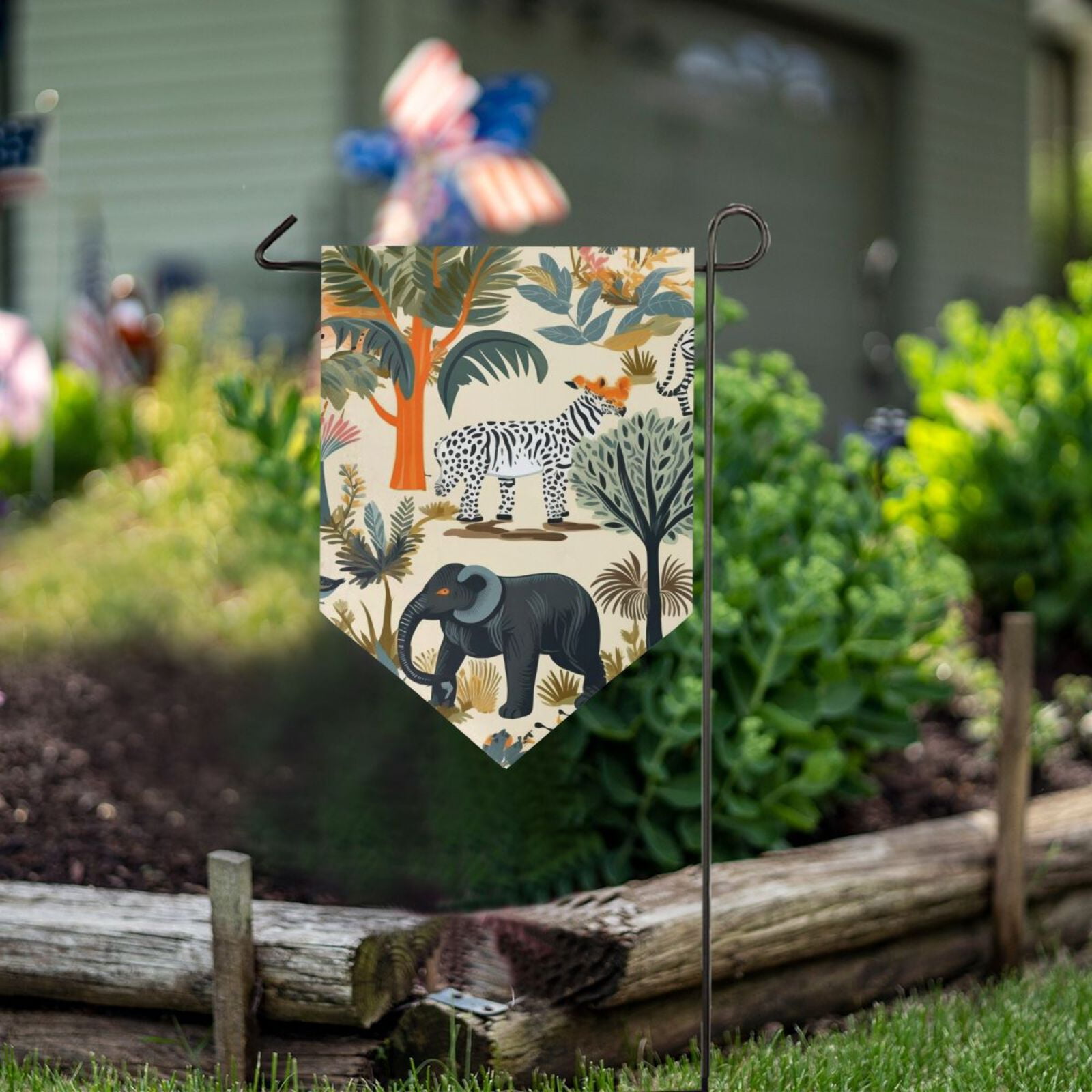 Elephant Trees Zebra Monkey Birds Garden Flag 18" x 12.5" Double Sided ...