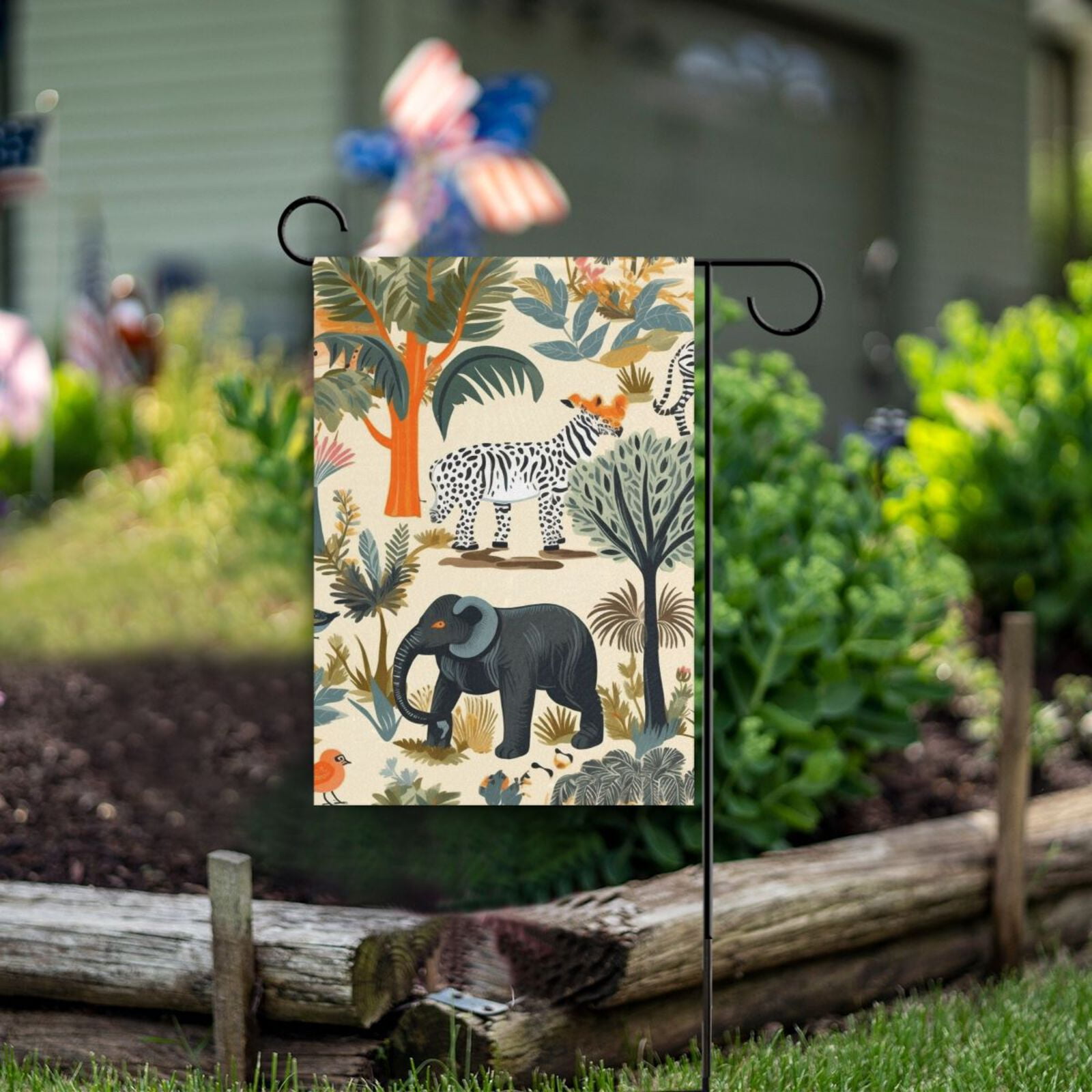 Elephant Trees Zebra Monkey Birds Garden Flag Double Sided Outdoor ...