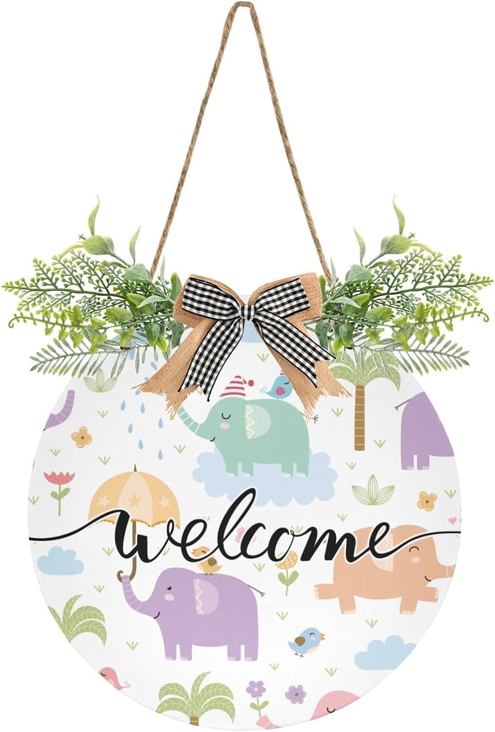 Elephant Umbrella Bird Cartoon Welcome Sign Farmhouse Front Porch Door ...