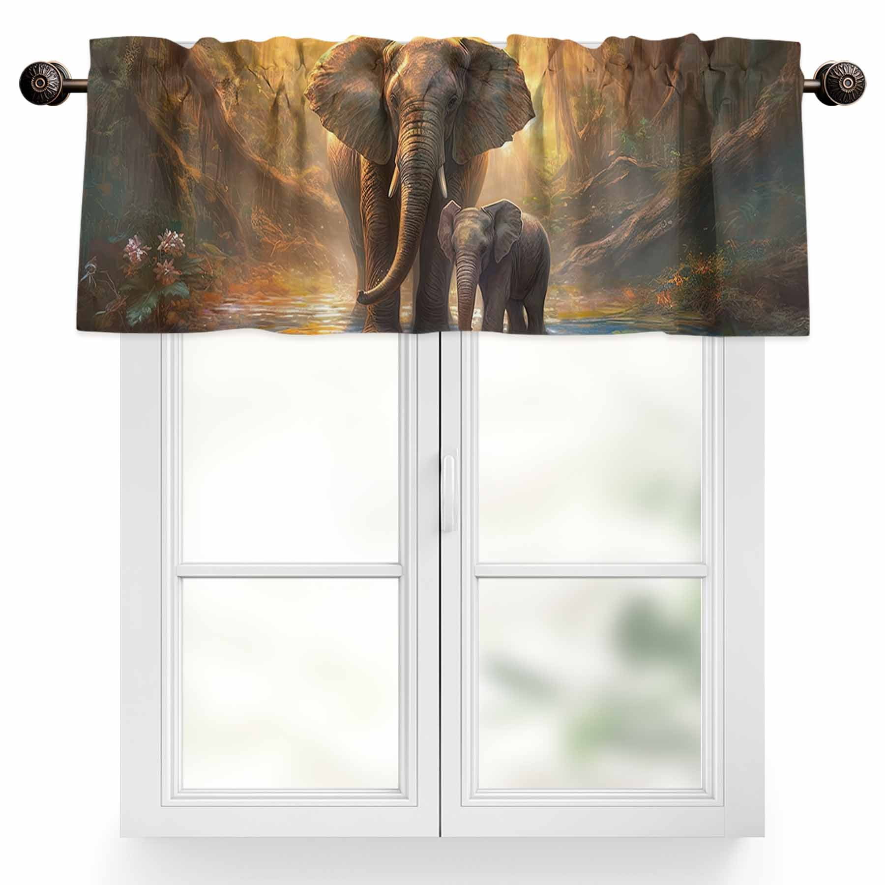 Elephant Valances for Windows, 42 x 18in, Animal Forest River Yellow ...