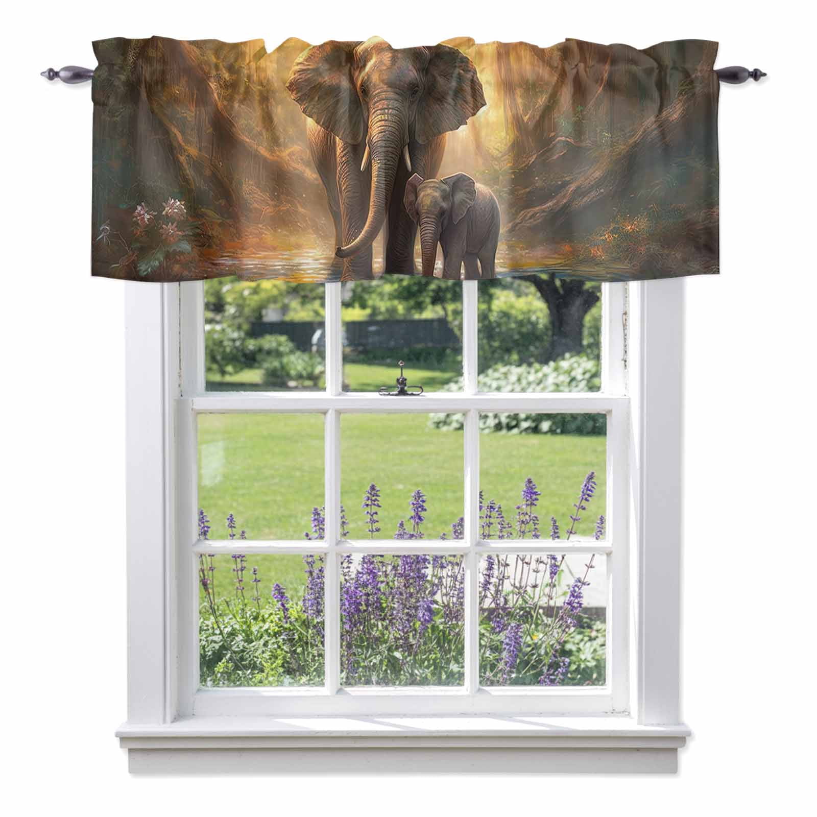 Elephant Valances for Windows, Animal Forest River Yellow Oil Painting ...