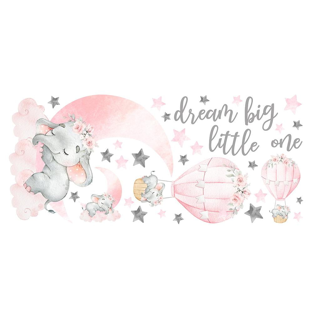 Elephant Wall Stickers Pink Moon Star Hot Air Balloon Decals Animals ...