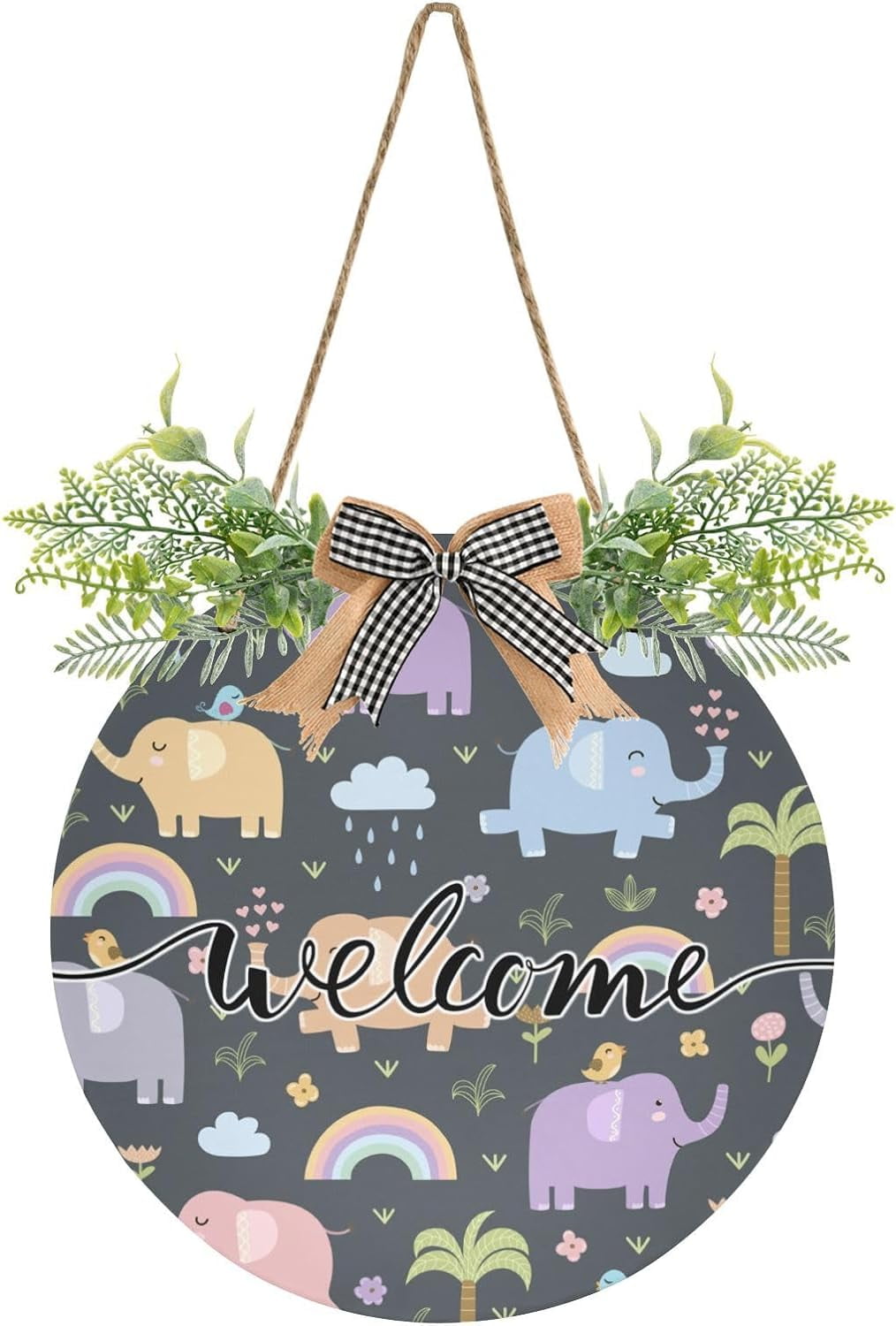 Elephant Welcome Sign Farmhouse Front Porch Door Hanging Welcome Wreath ...