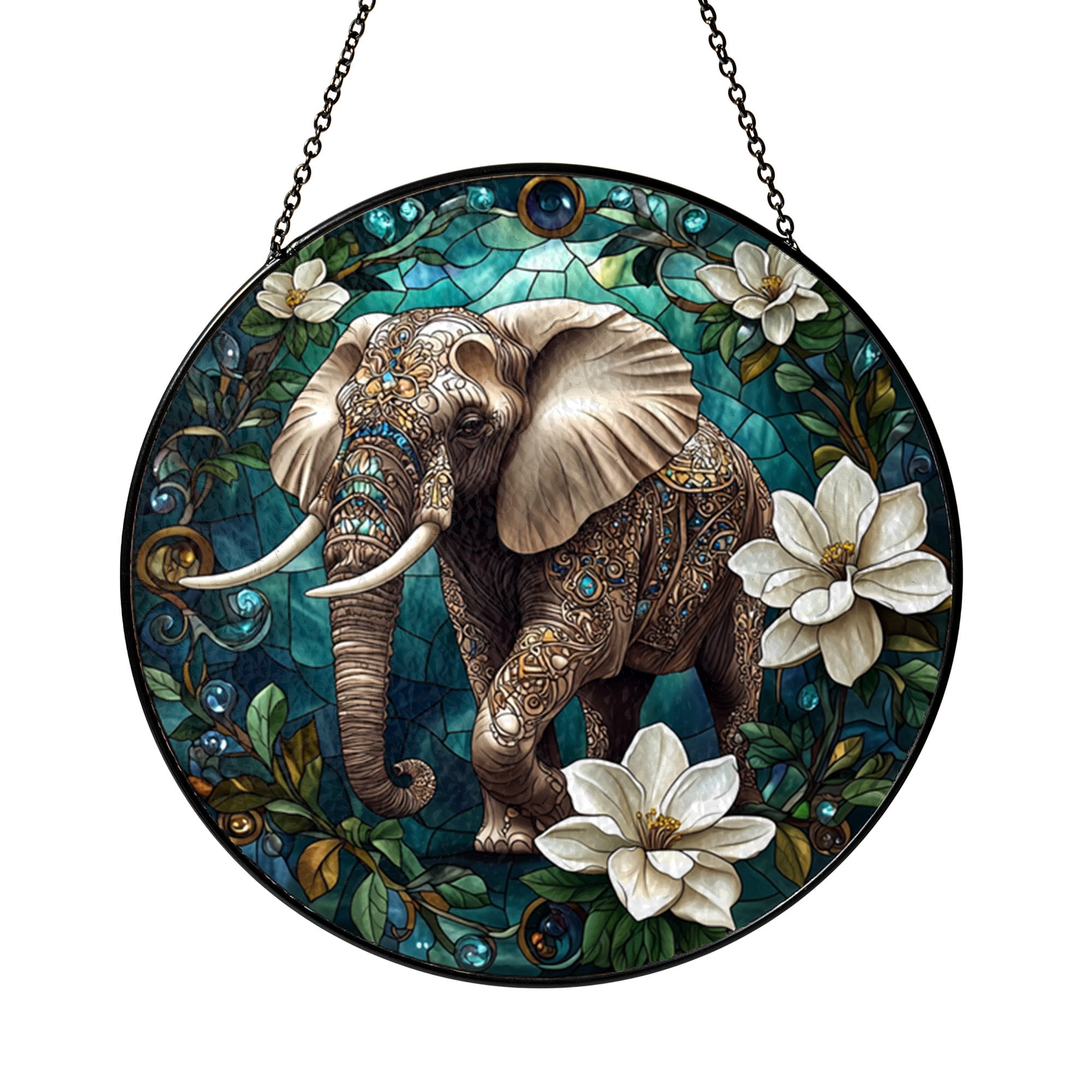 Elephant Wildlife Stained Glass Suncatcher, Botanical Window Hanging ...