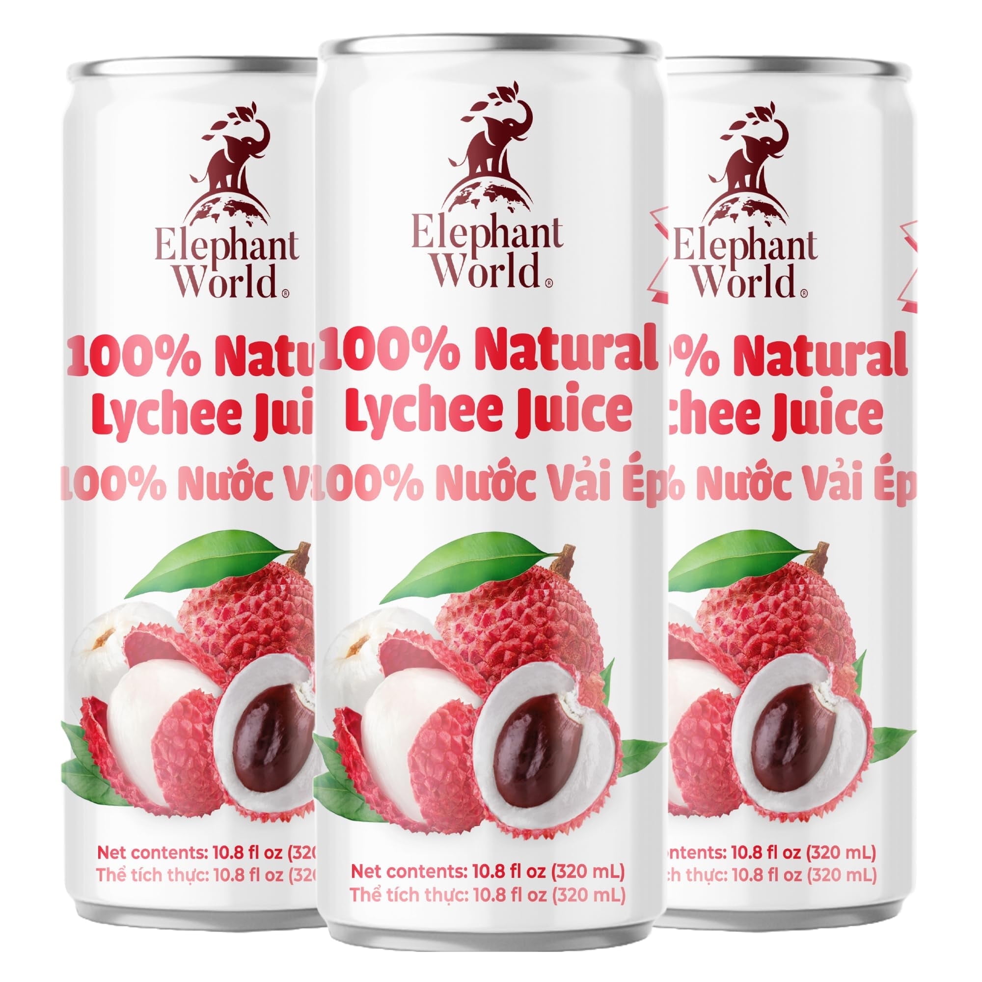 Elephant World 100% Natural Lychee Juice Canned | NON GMO | 10.8 oz ...