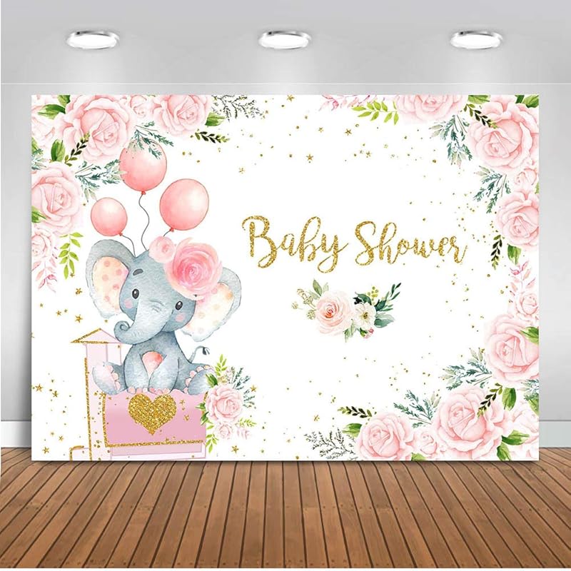 Elephant baby shower backdrop pink floral girl elephant party photo ...