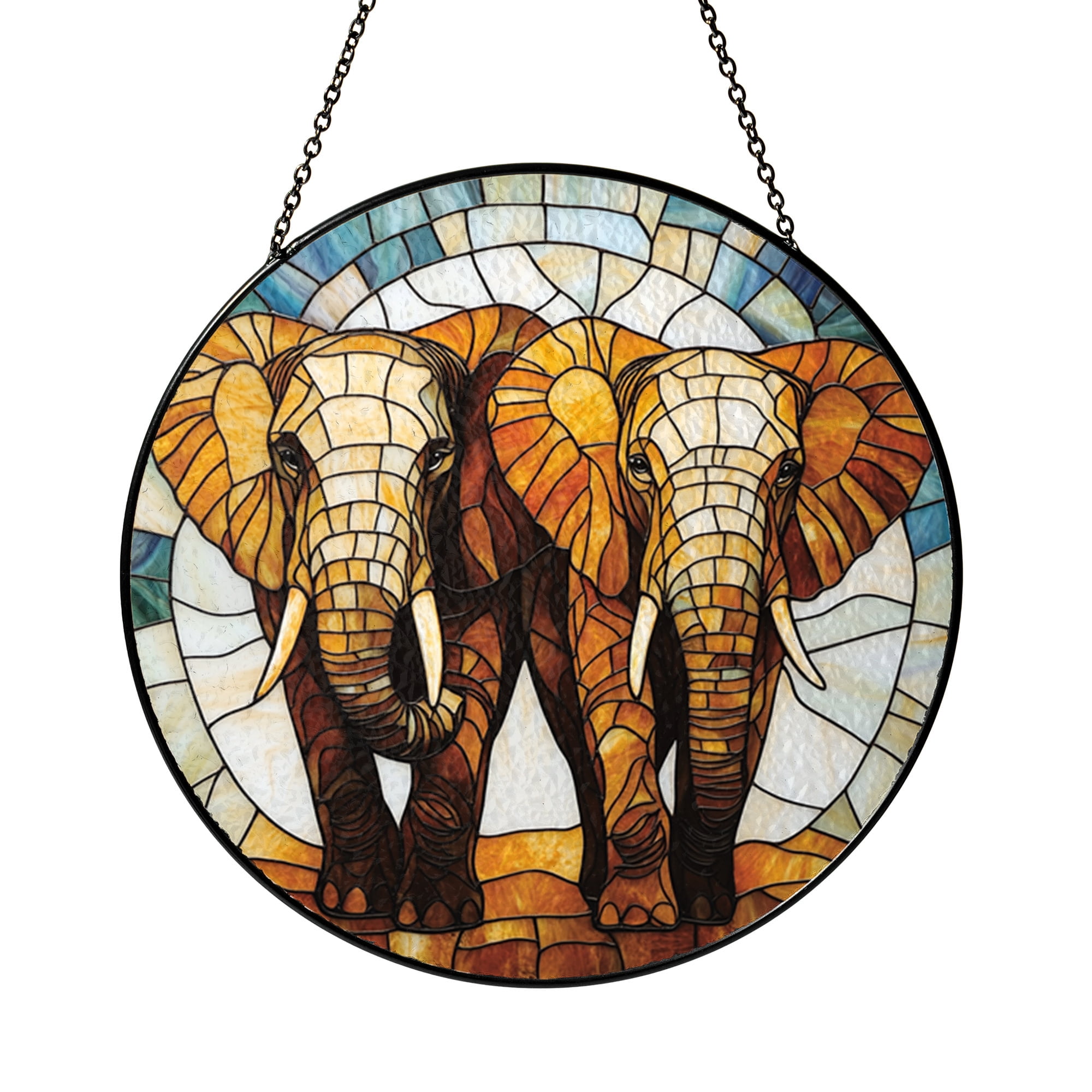 Elephant family stained glass suncatcher, mother and baby round window ...