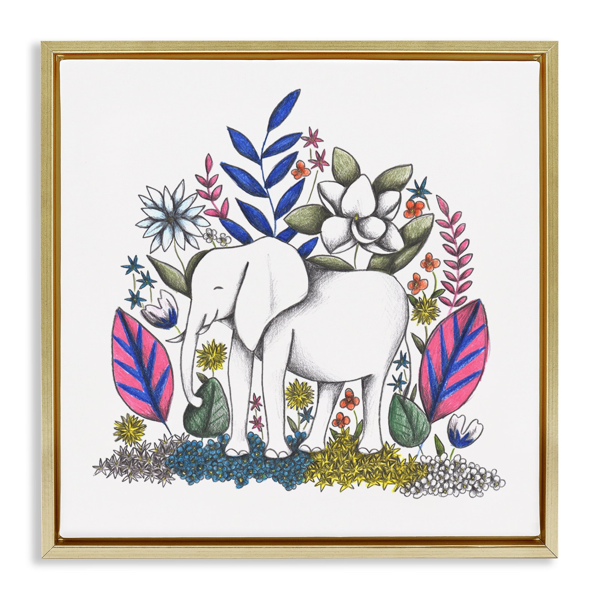 Elephant in Midst of Flowers Gold Framed Floater Canvas Wall Art ...