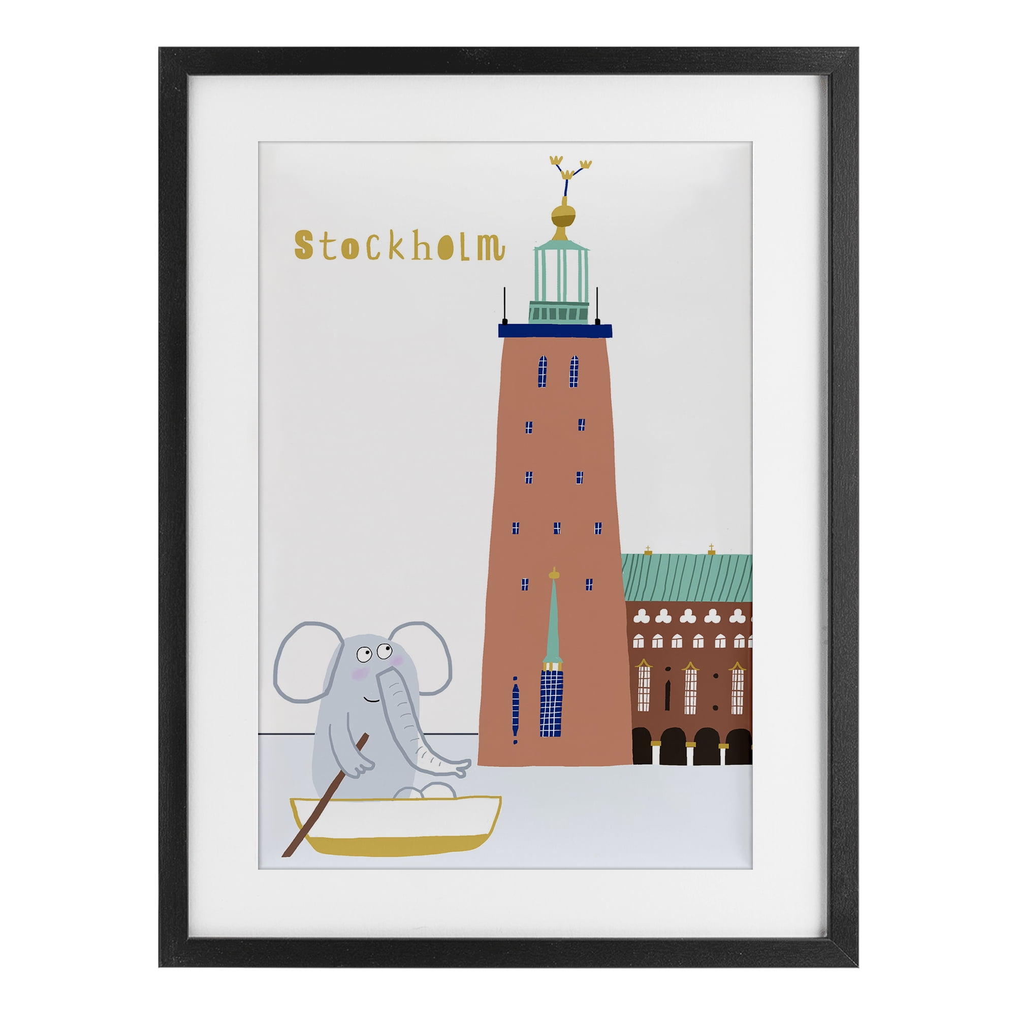 Elephant in Stockholm Boat Black Framed Print Under Glass, design by ...