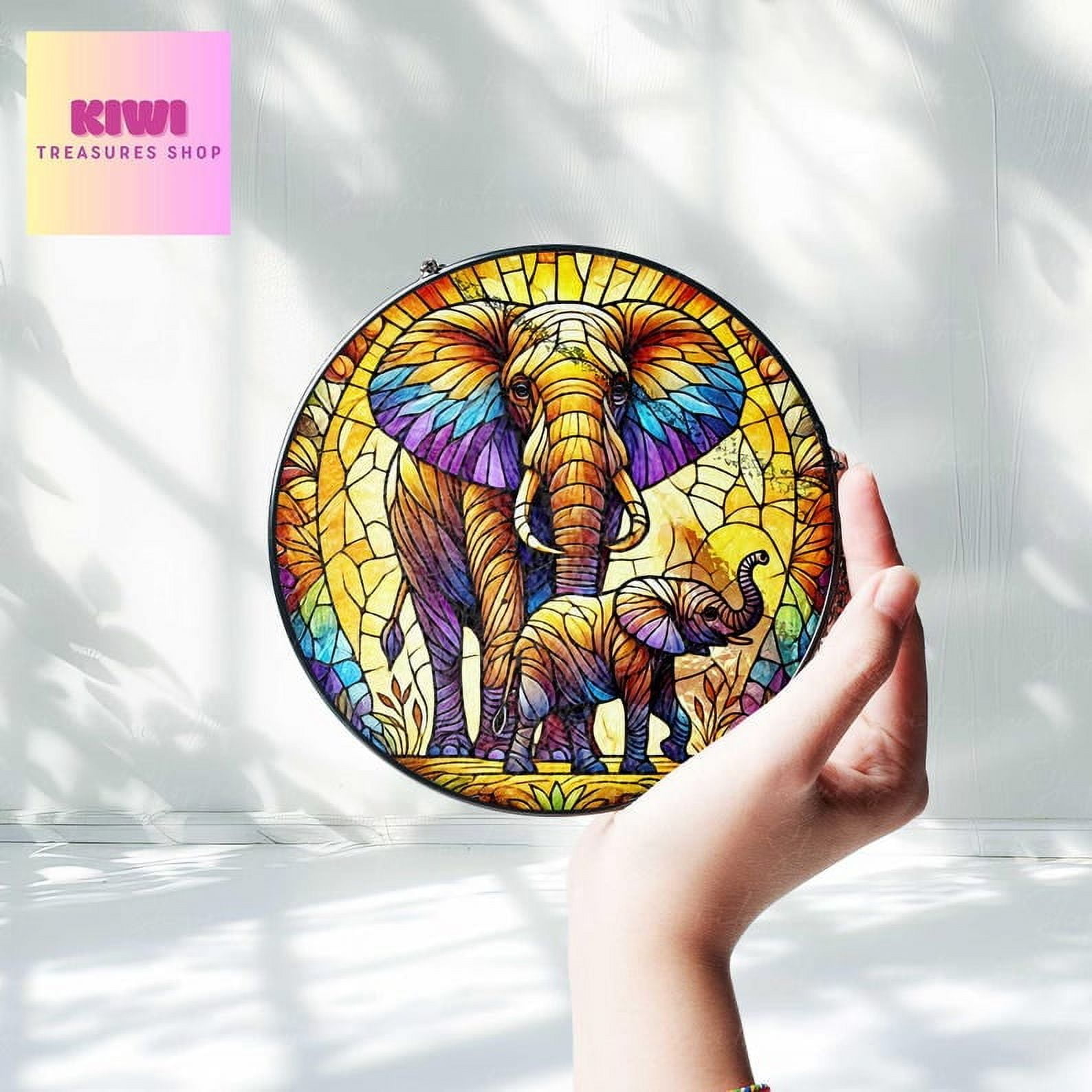Elephant mom and kid GLASS Suncatcher Hanging, Wildlife Elephant ...