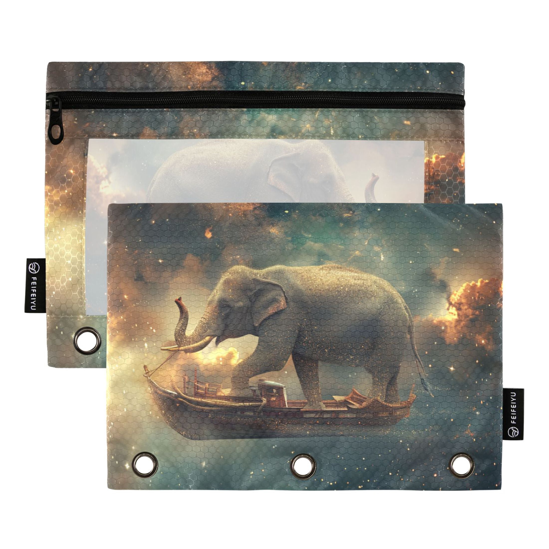 Elephant with Ship in Space 2 Pack Pencil Pouch for 3 Ring Binder ...