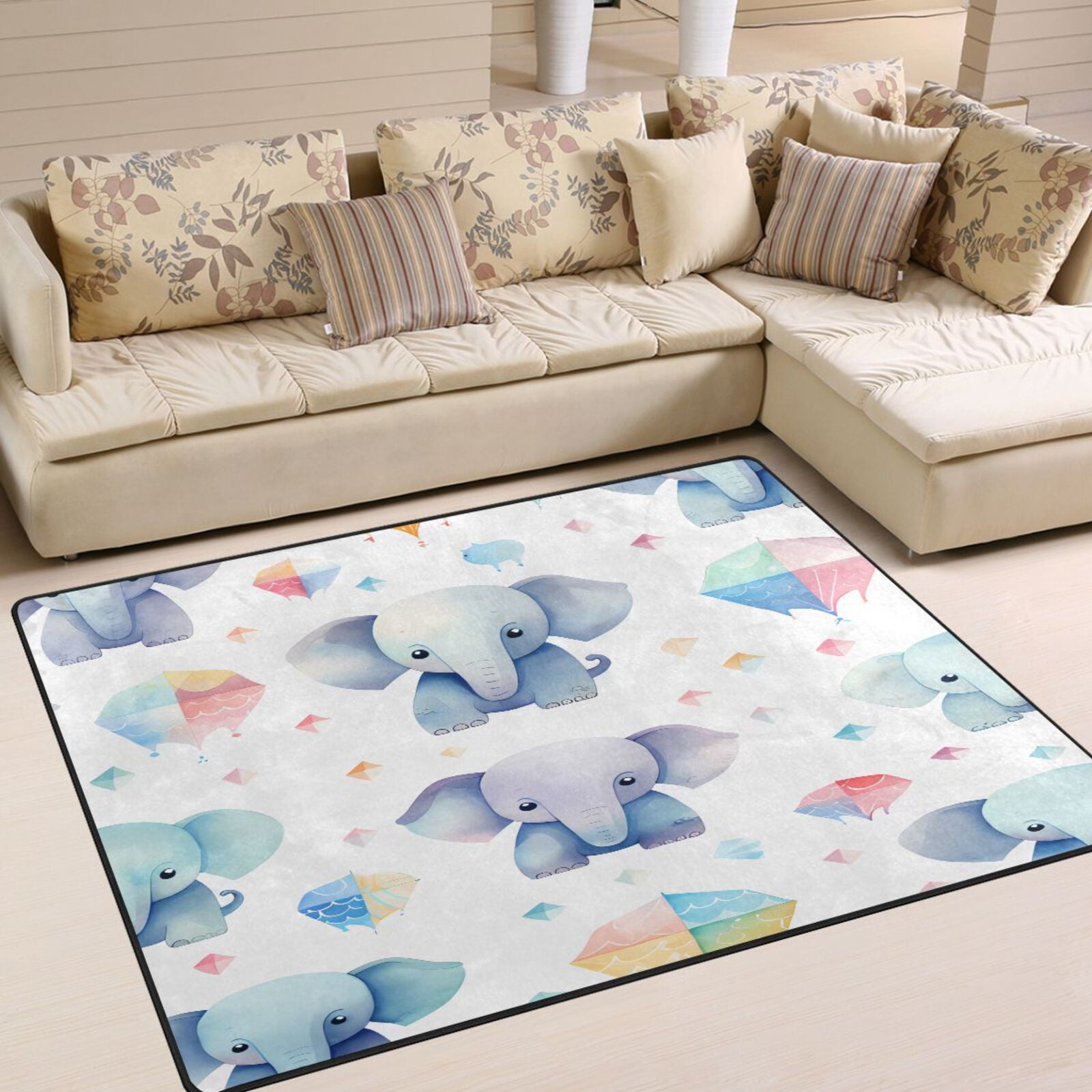 Elephants Ballon Area Rug Washable 80 x 58 Floor Carpet Mat Non Slip ...