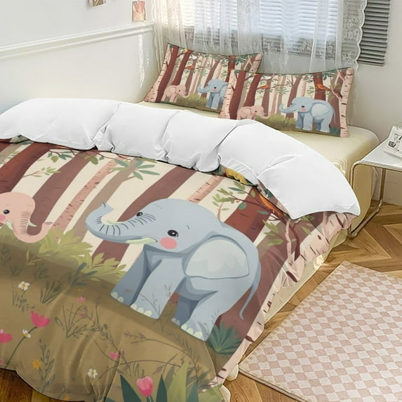 Elephants Birds in The Forest. Bedding Duvet Cover Set 3 Piece ...