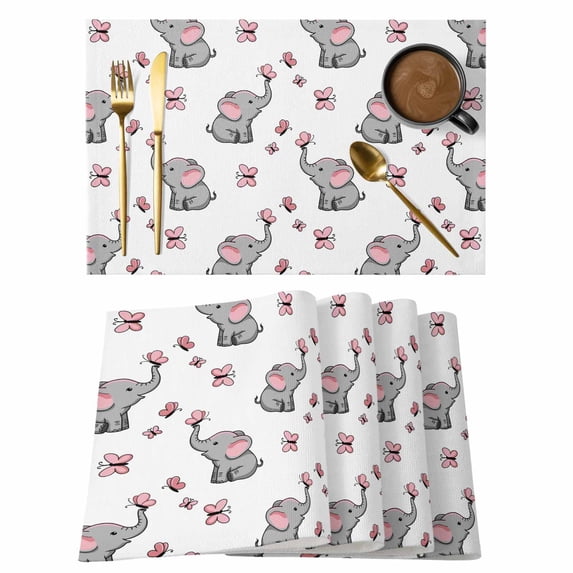 Elephants Butterflies Cotton Linen Placemats Set of 8, Cartoon Cute ...